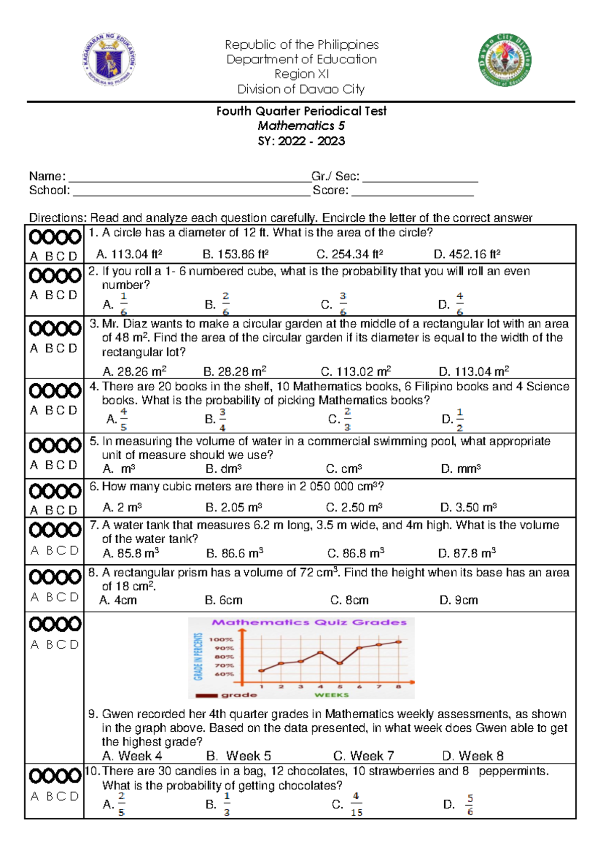 Quarterly Test Q4 Mathematics 5-1 - Republic of the Philippines ...