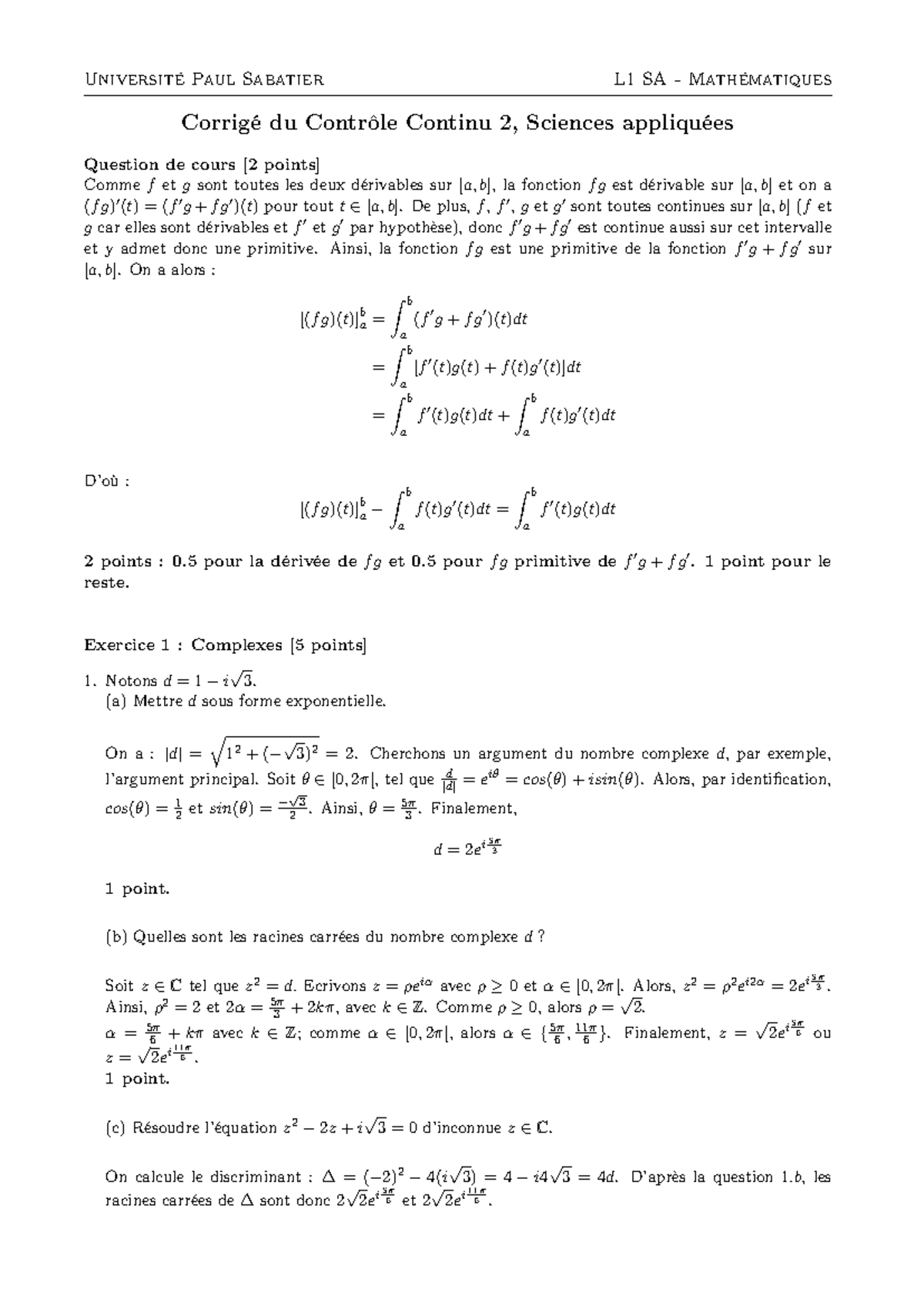CC2 sciences appliquées correction - Université Paul Sabatier L1 SA - Mathématiques Corrigé du ...