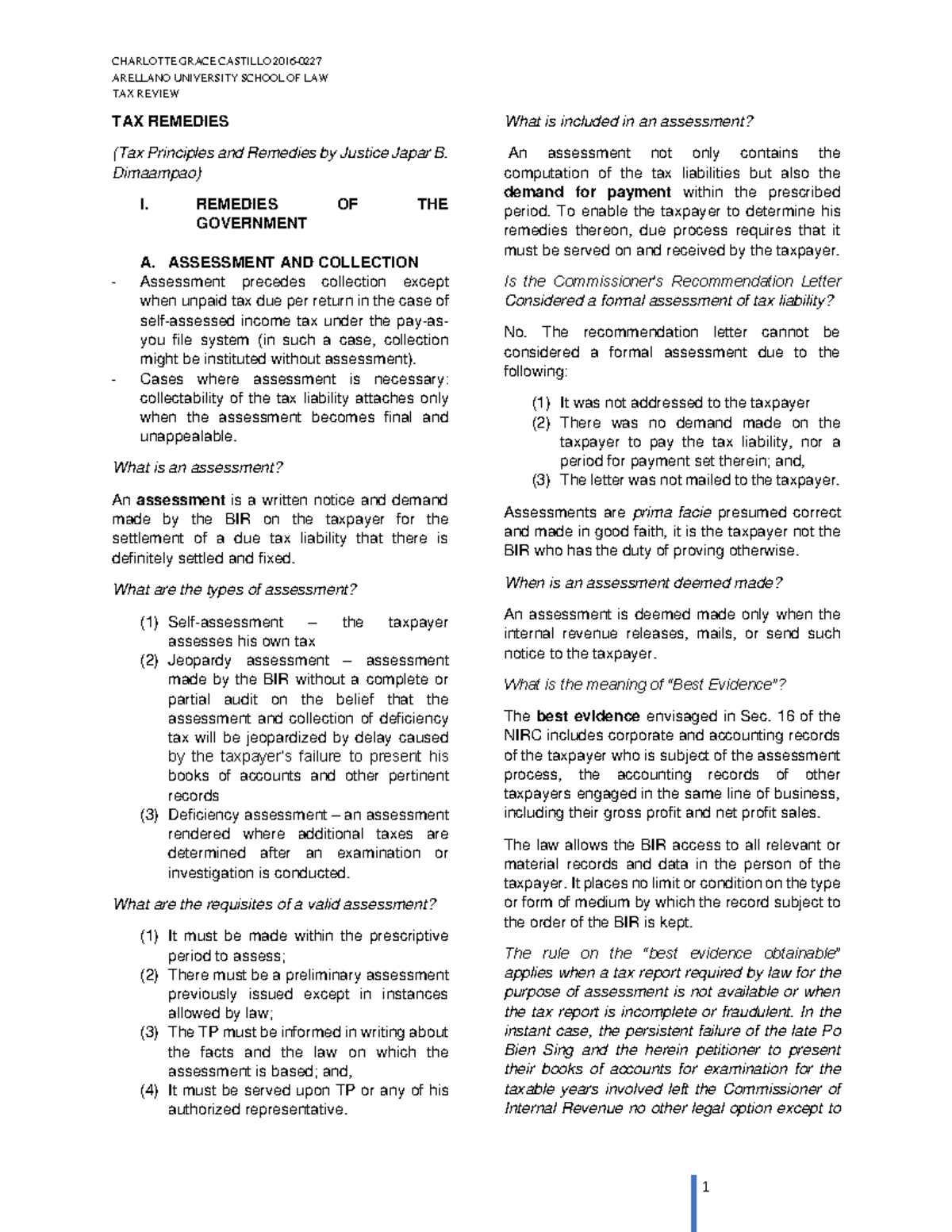 TAX Remedies Reviewer 2020 CVC - ARELLANO UNIVERSITY SCHOOL OF LAW TAX ...