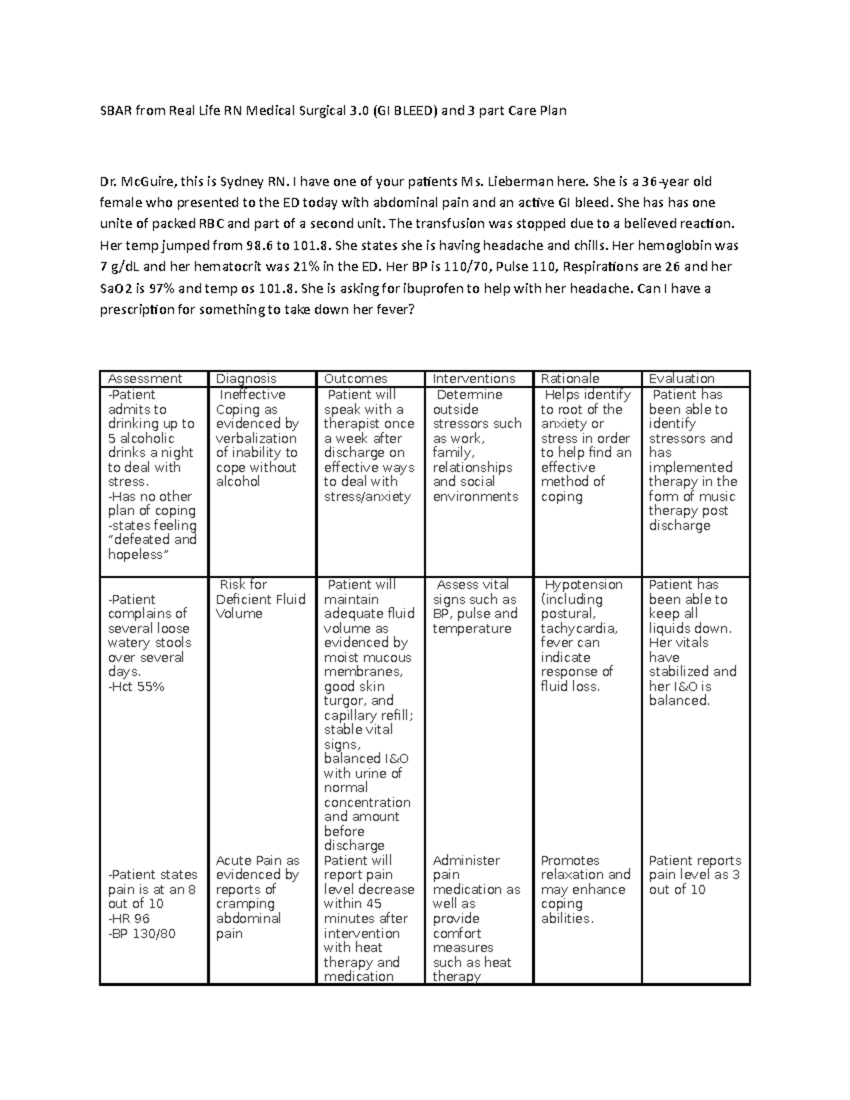 SBAR from Real Life RN Medical Surgical 3 - McGuire, this is Sydney RN ...