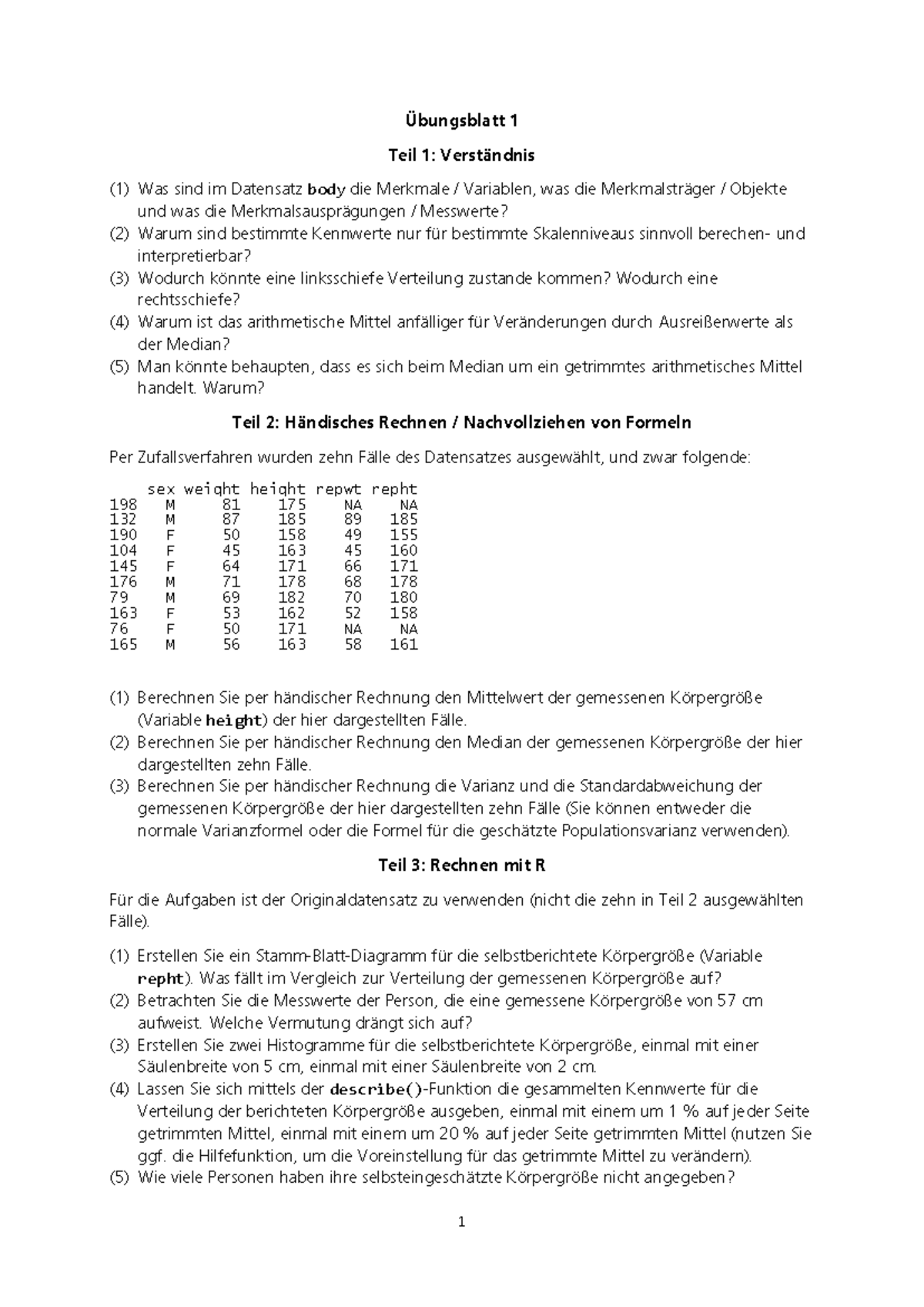 Uebungsblatt 1 - Übungsblatt für Statistik - 1 Übungsblatt 1 Teil 1 ...