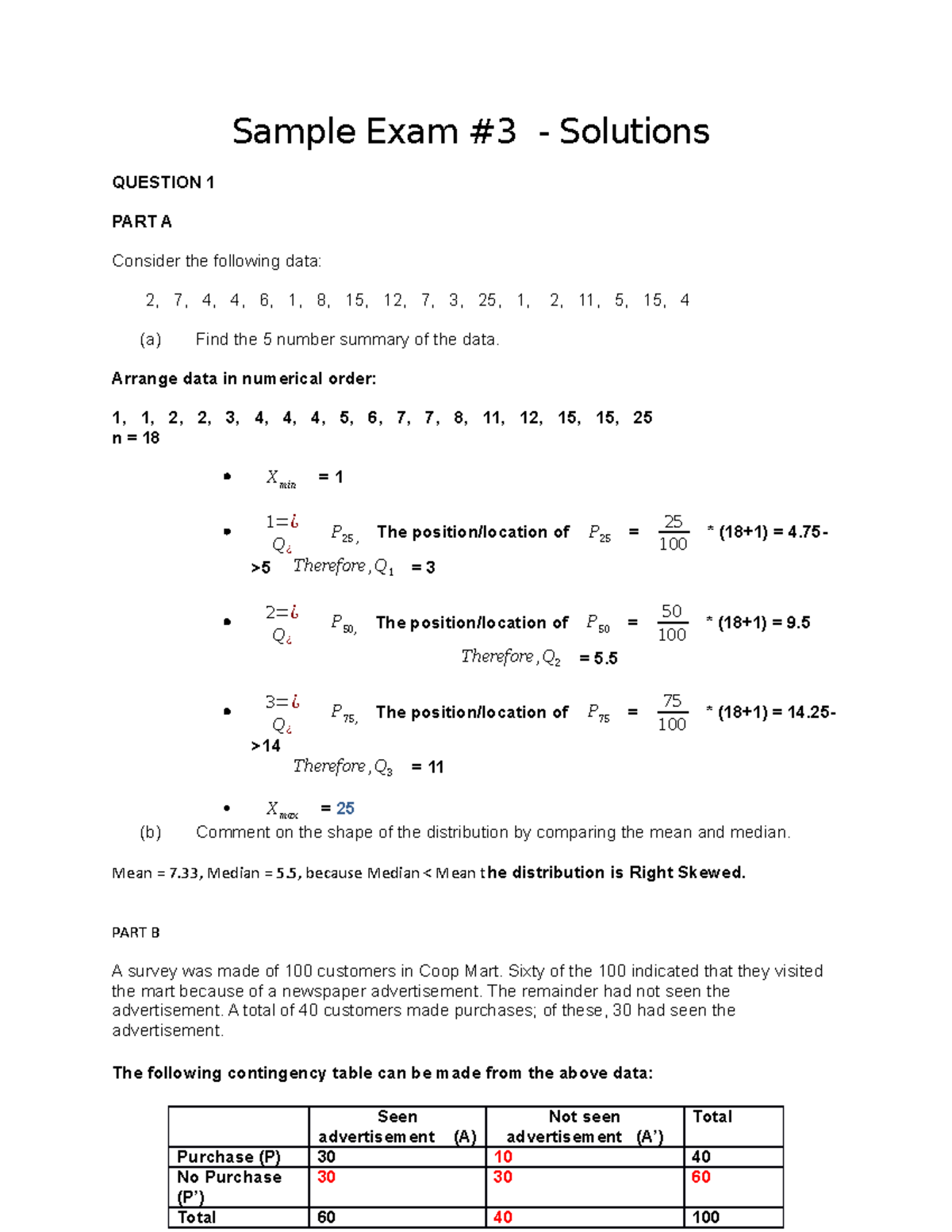 Exam 3, answers - Sample Exam #3 - Solutions QUESTION 1 PART A Consider ...