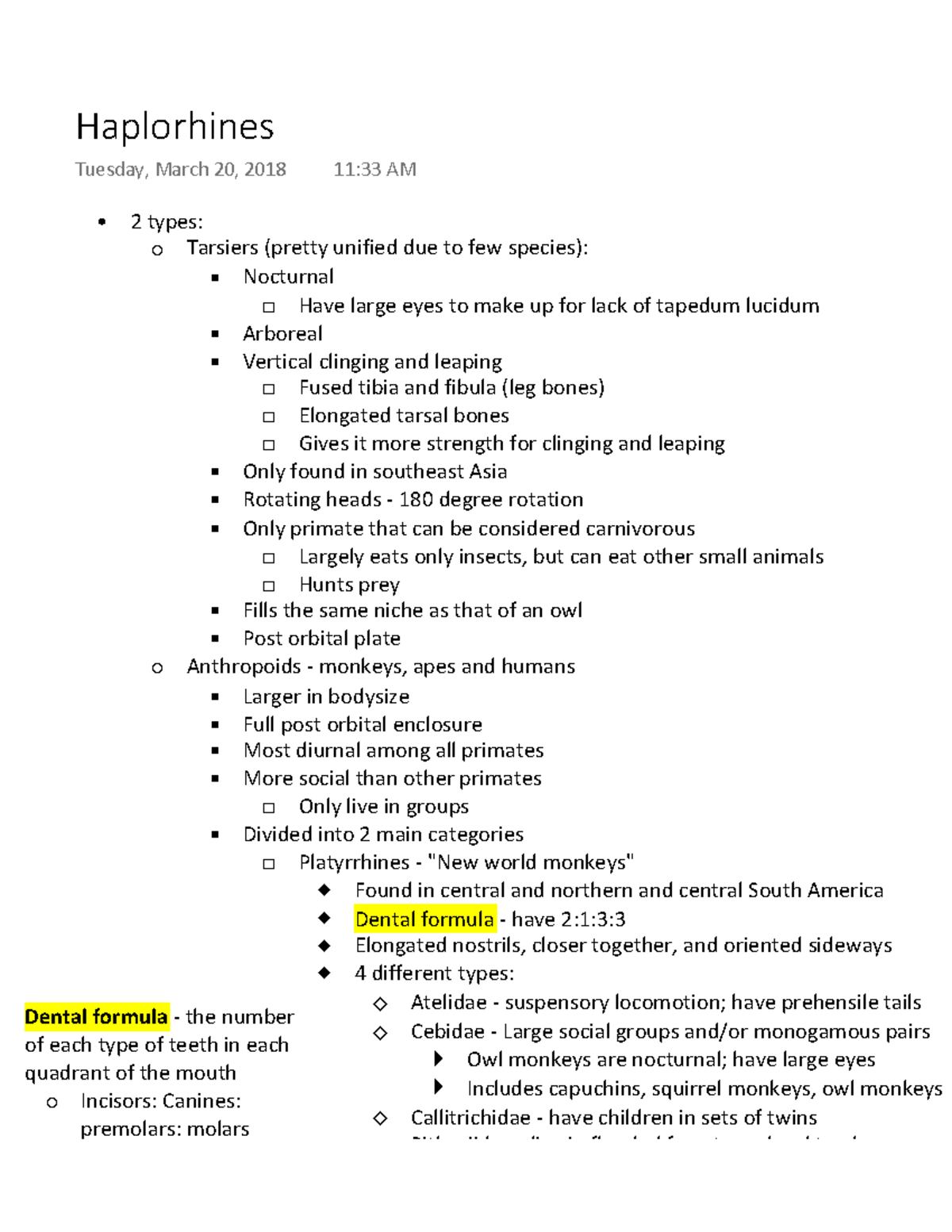 Haplorhines - class notes - Warning: TT: undefined function: 32 2 types ...