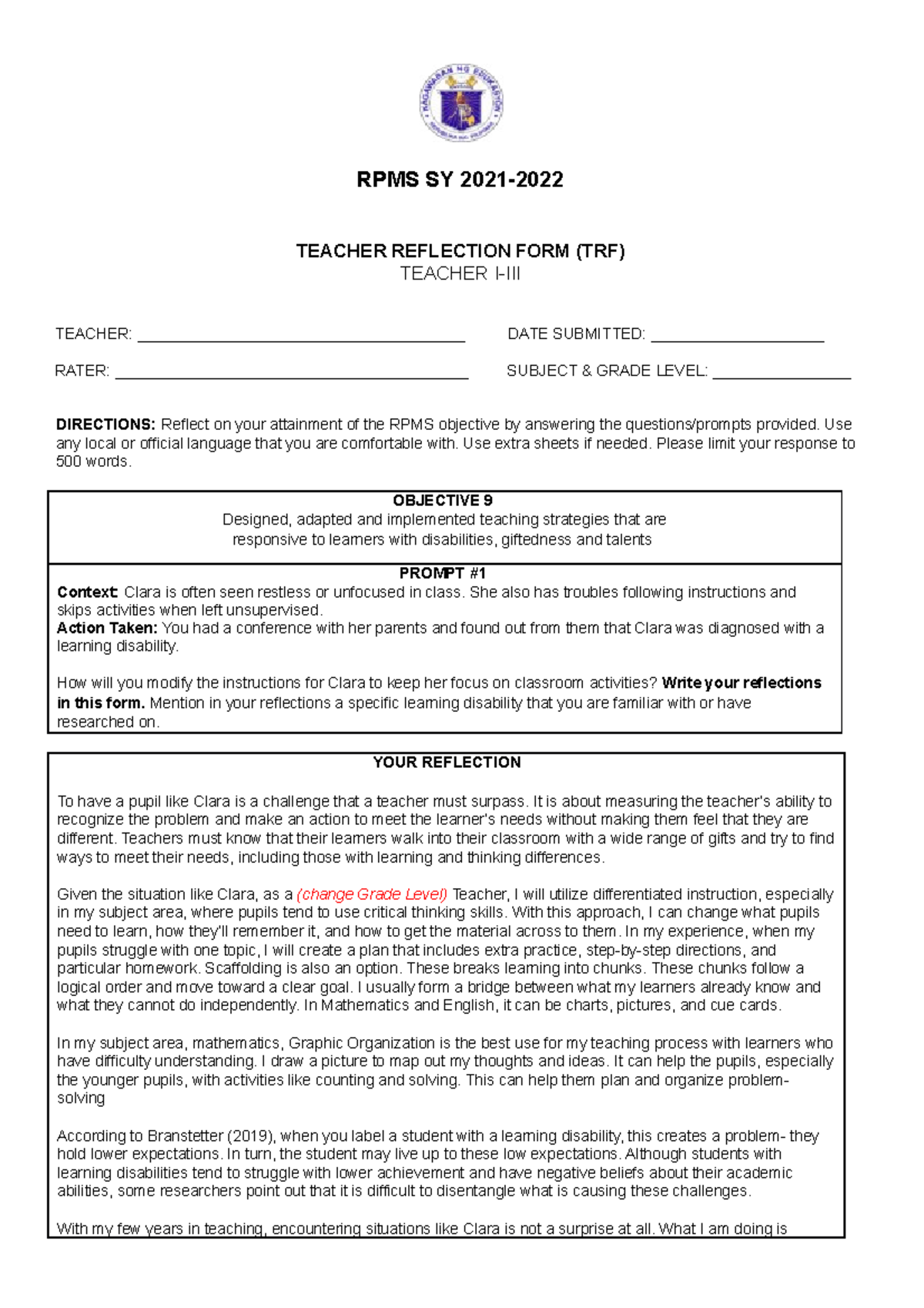 TRF MOVS FOR Objective 9 (1)-1 - RPMS SY 2021- TEACHER REFLECTION FORM ...