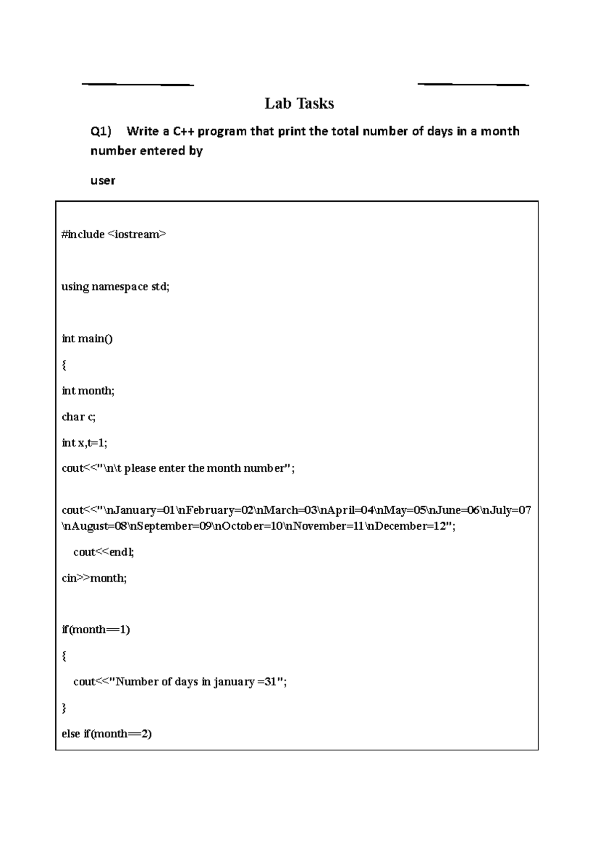 2011 86 Ahmad lab4 - this c++ lab document for if else function lab - Lab Tasks Q1) Write a C++ ...