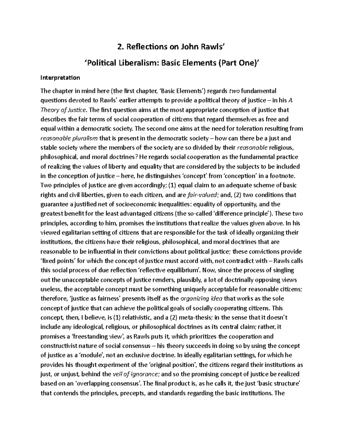 Pol liberalism summ - rawls notes - 2. Reflections on John Rawls ...