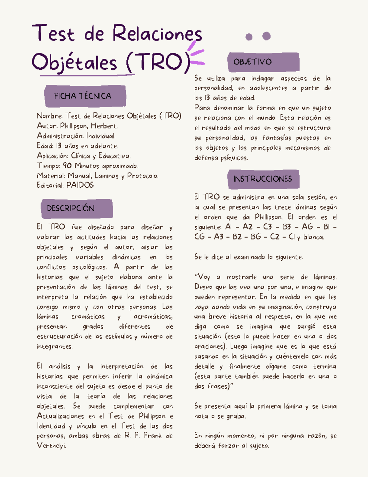 Actividad 7 TEST DE Relaciones Objetales (TRO) Ficha Técnica IVHR - Se ...