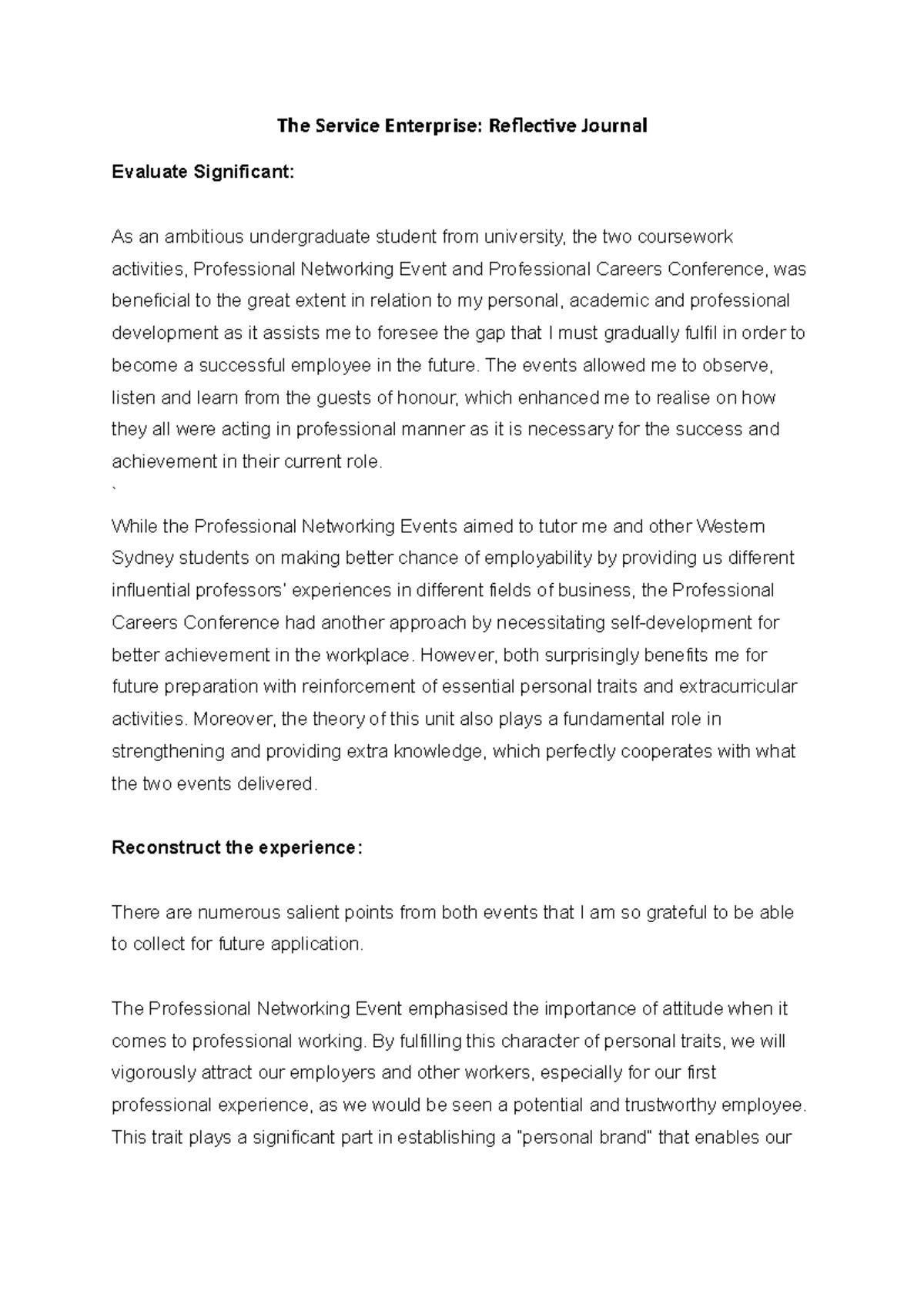 Assignment 3 - Reflection - The Service Enterprise: Reflective Journal ...