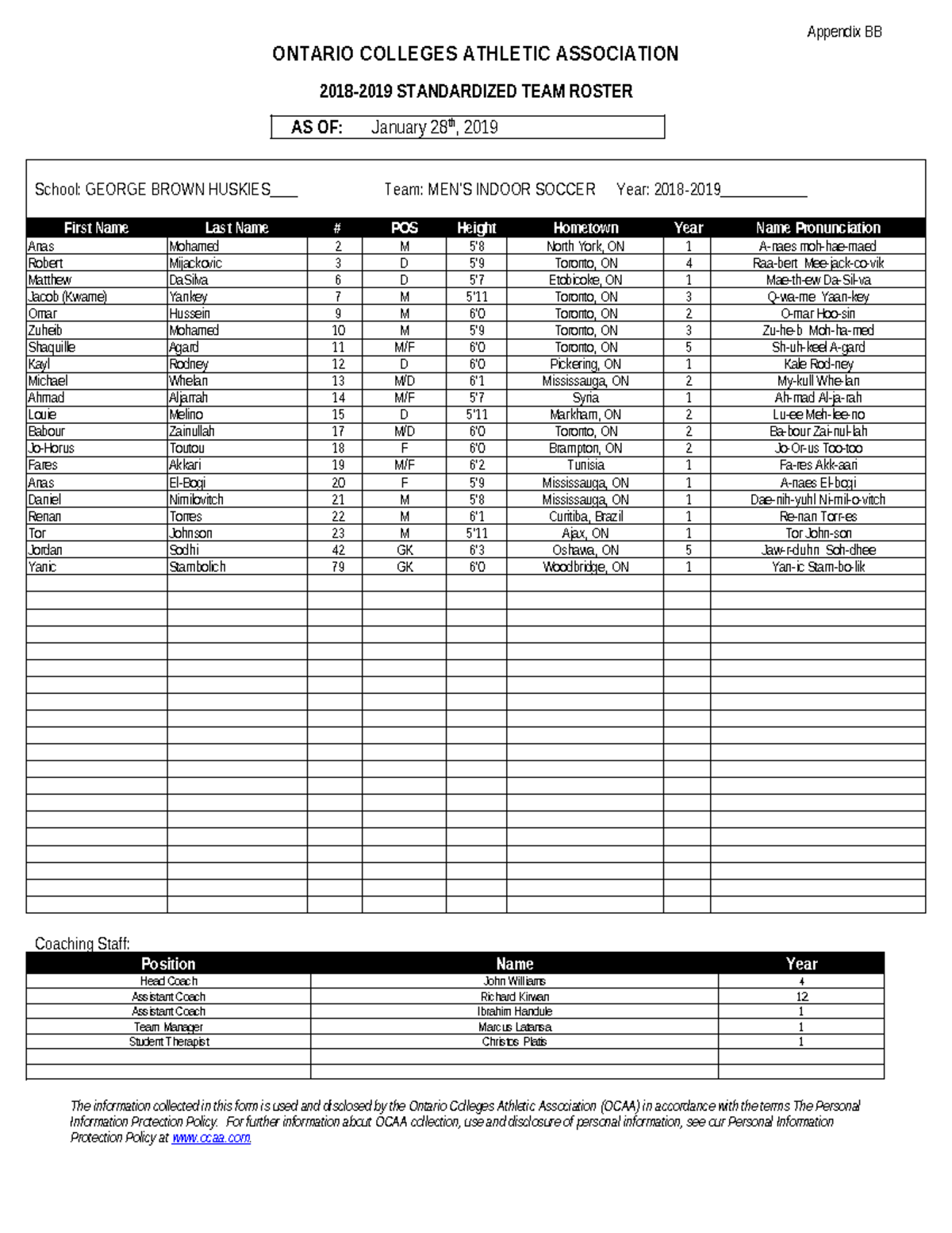 George Brown MIS - Appendix BB ONTARIO COLLEGES ATHLETIC ASSOCIATION ...