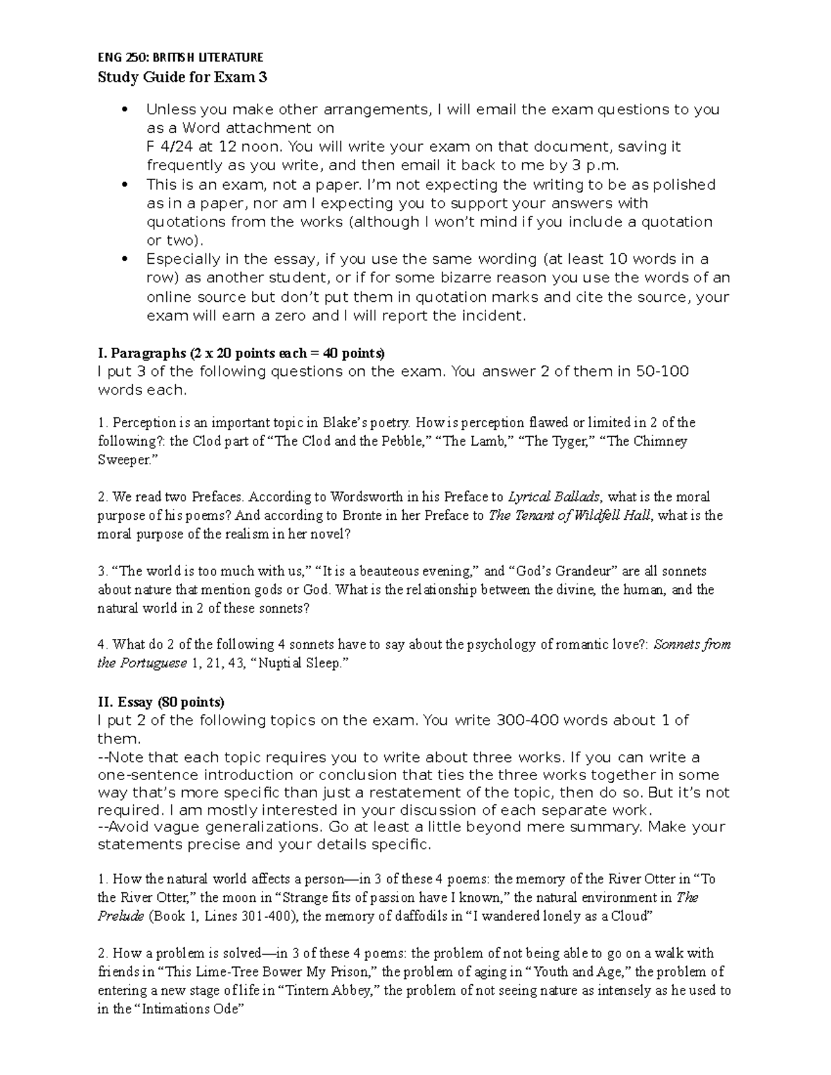250 Study Guide 3 ENG 250 BRITISH LITERATURE Study Guide For Exam 3