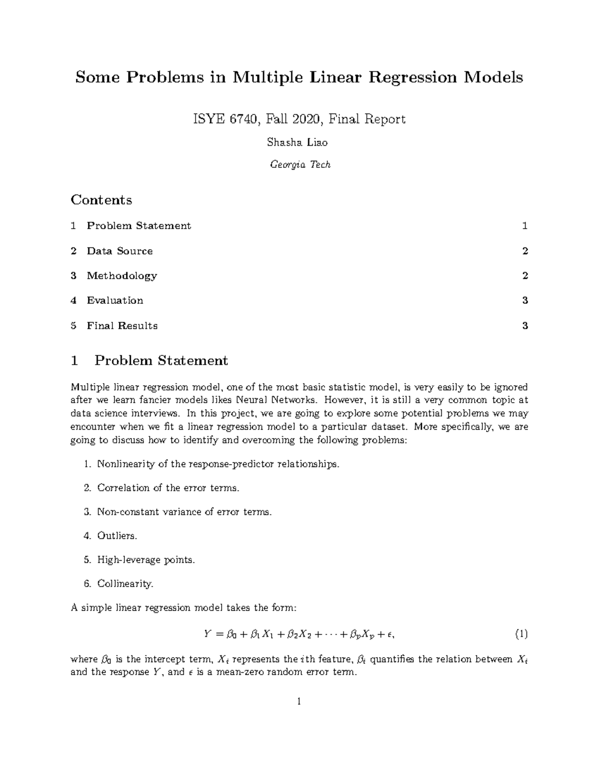 Shasha Liao Project Proposal - Some Problems in Multiple Linear Regression Models ISYE 6740 ...