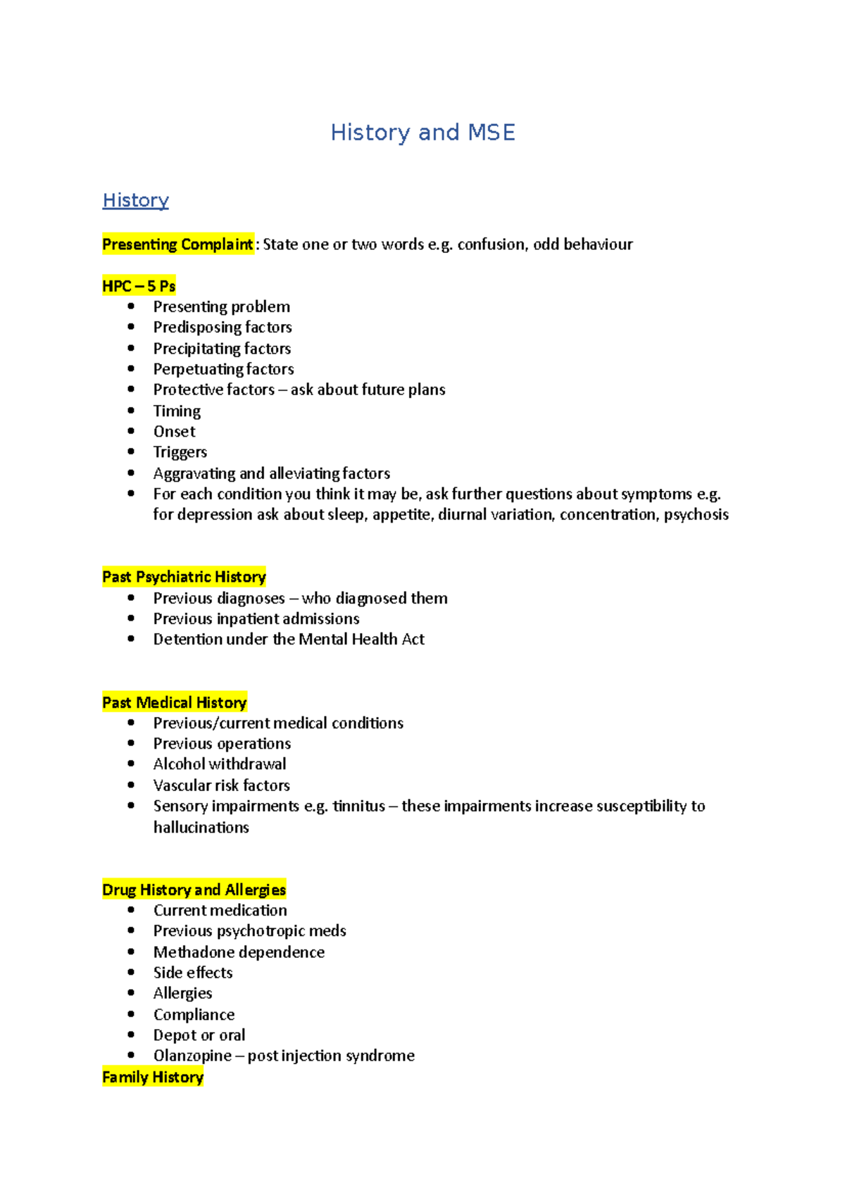 History and MSE - Medicine finals revision notes - History and MSE ...