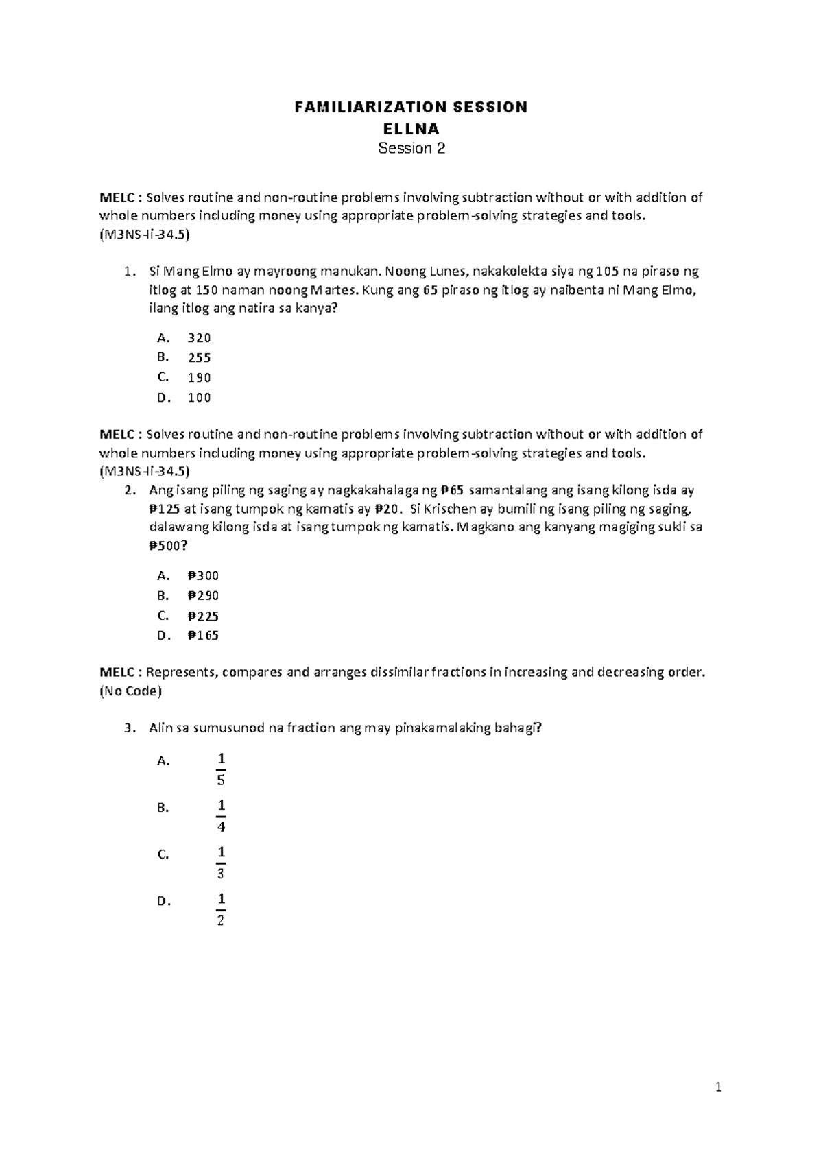 Ellna Numeracy Mother Tounge Session 2 - 1 FAMILIARIZATION SESSION ...