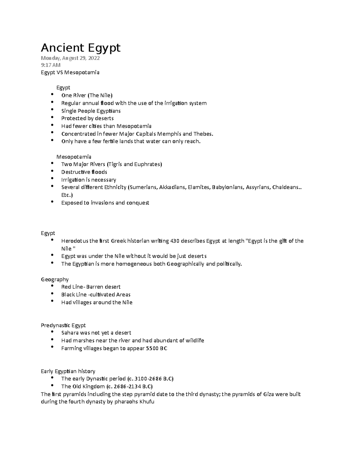 Ancient Egypt - Notes for History 1030 - Ancient Egypt Monday, August ...