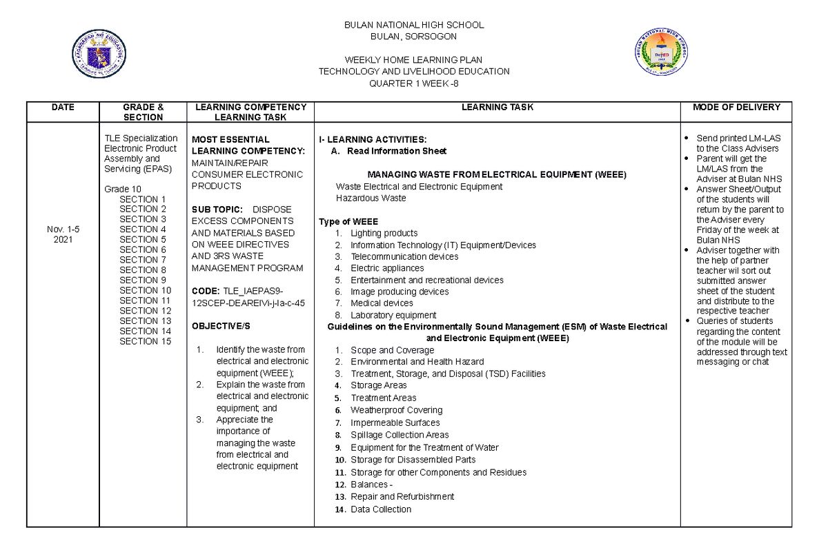 WHLP G1-WEEK 8 - Whlp - BULAN NATIONAL HIGH SCHOOL BULAN, SORSOGON ...