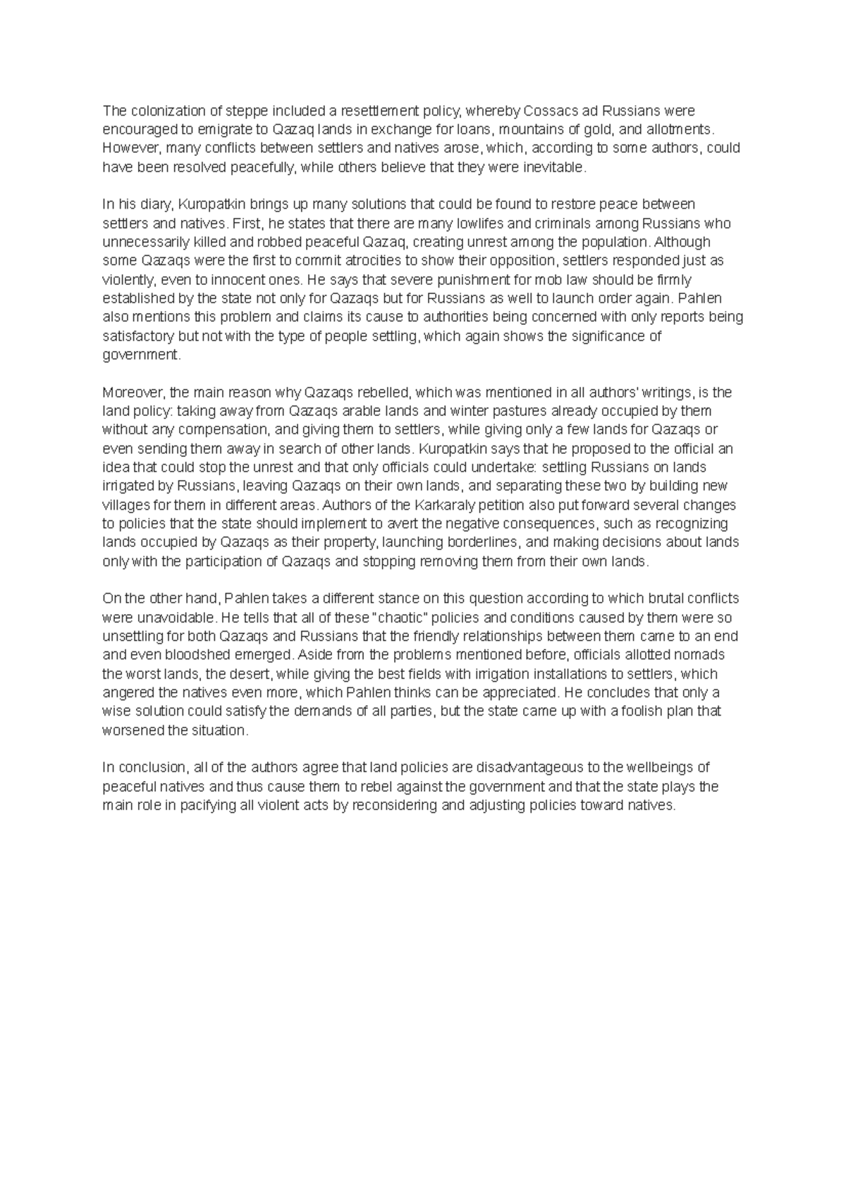 Response paper 8 - grade 2/2 - The colonization of steppe included a ...