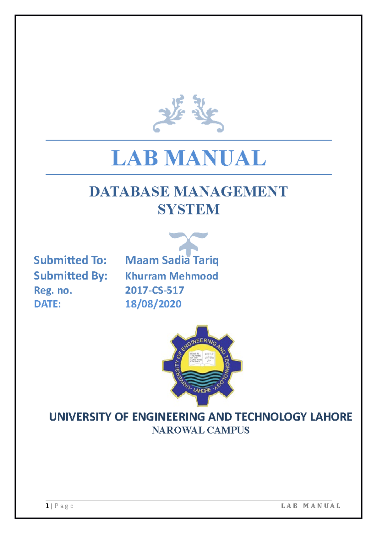 LAB Manual (2017-CS-517) - LAB MANUAL DATABASE MANAGEMENT SYSTEM ...