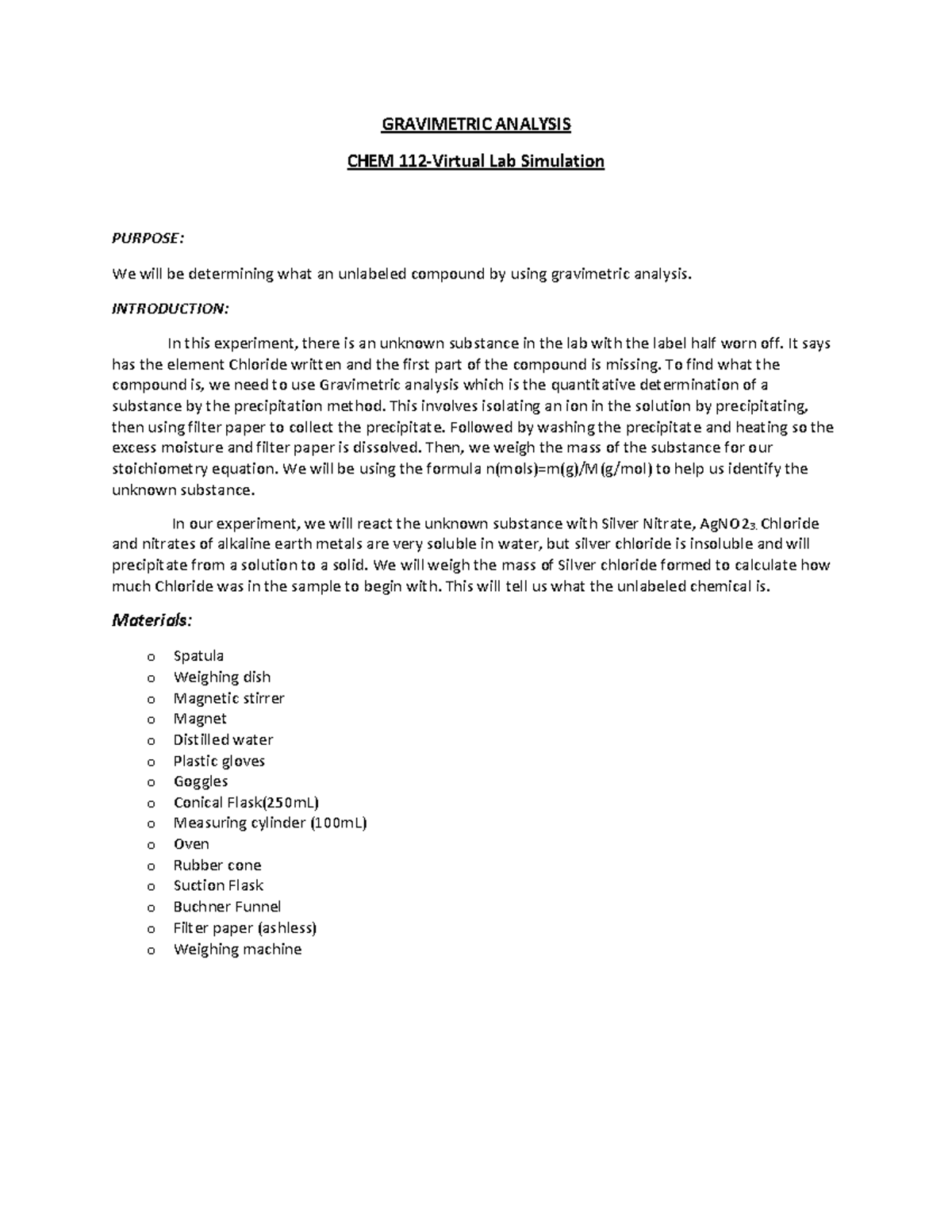 CHEM LAB 2-Stoichiometry - GRAVIMETRIC ANALYSIS CHEM 112-Virtual Lab ...