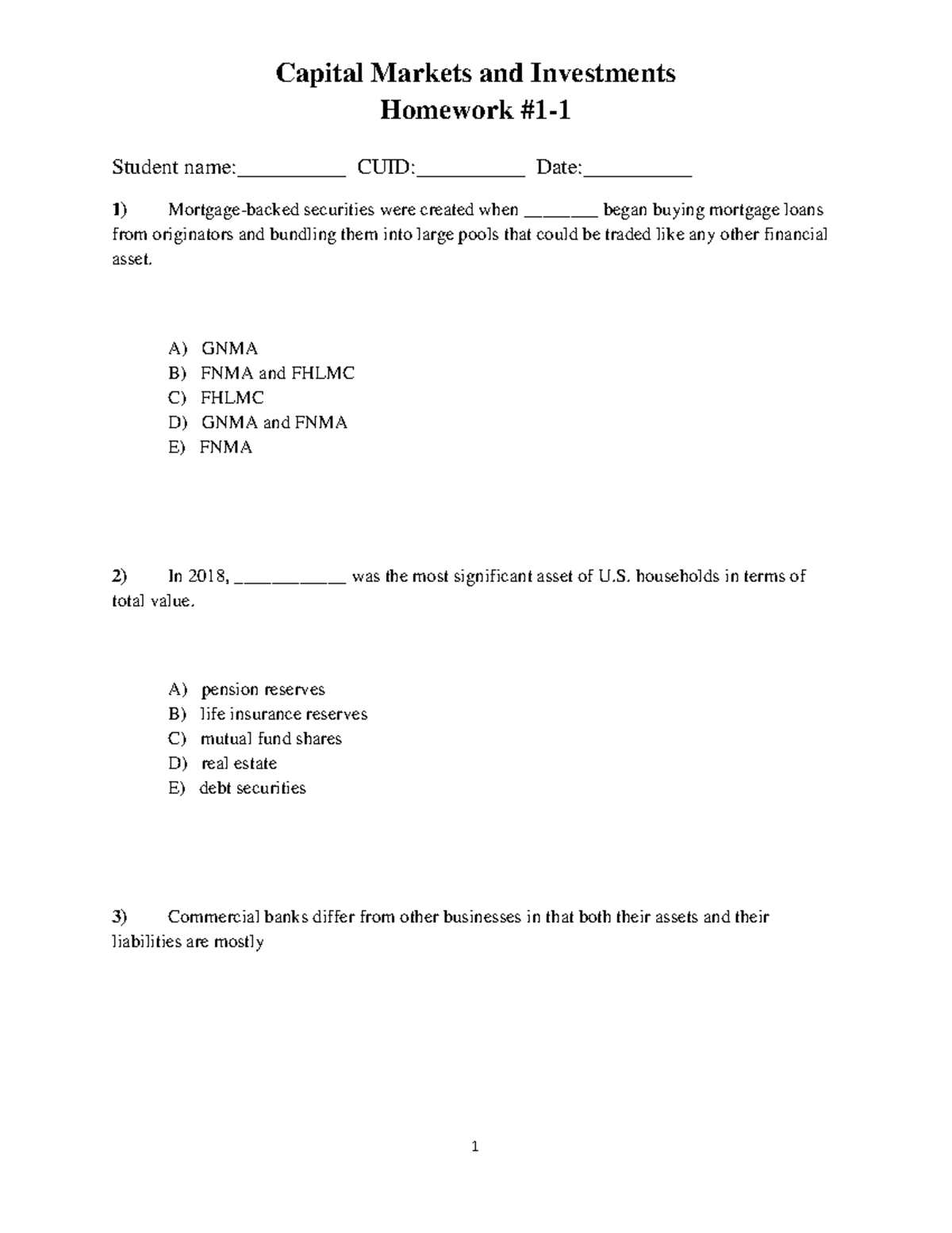 HW #1-1 - Homework 1 - Capital Markets and Investments Homework #1 ...