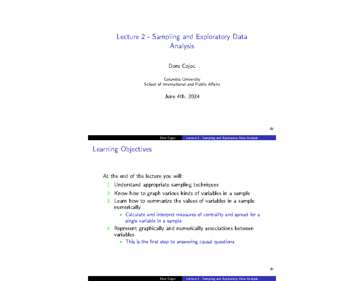 Handout 2 - Lecture 2 - Sampling and Exploratory Data Analysis Doru Cojoc Columbia University ...