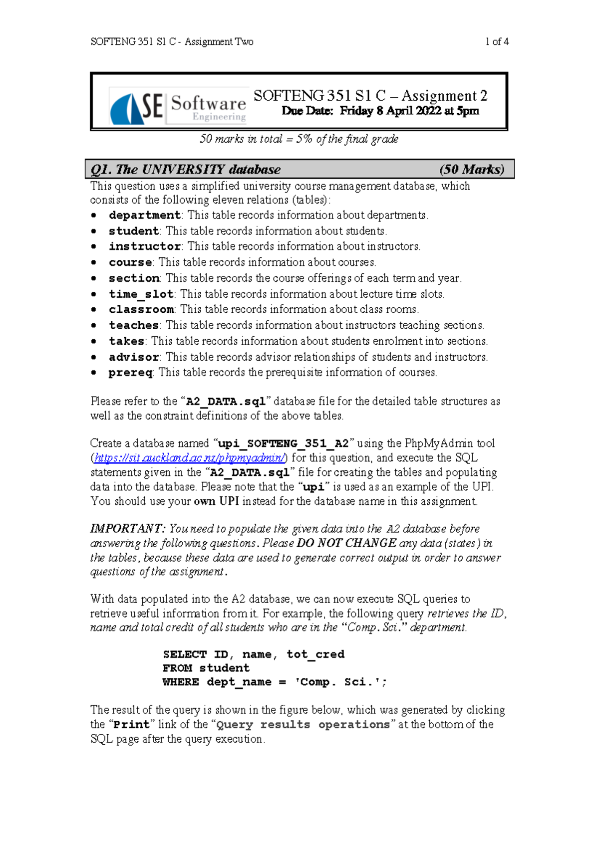 Assignment 2 2022 sem 1 - Fundamentals of Database Systems - AucklandUni - Studocu