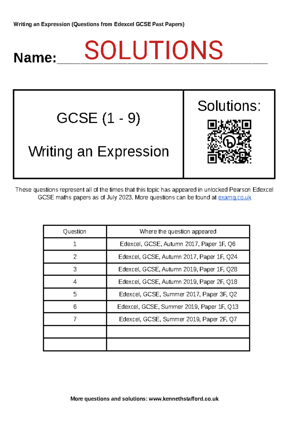 Answers Writing an Expression (Past Paper Questions) - Name ...