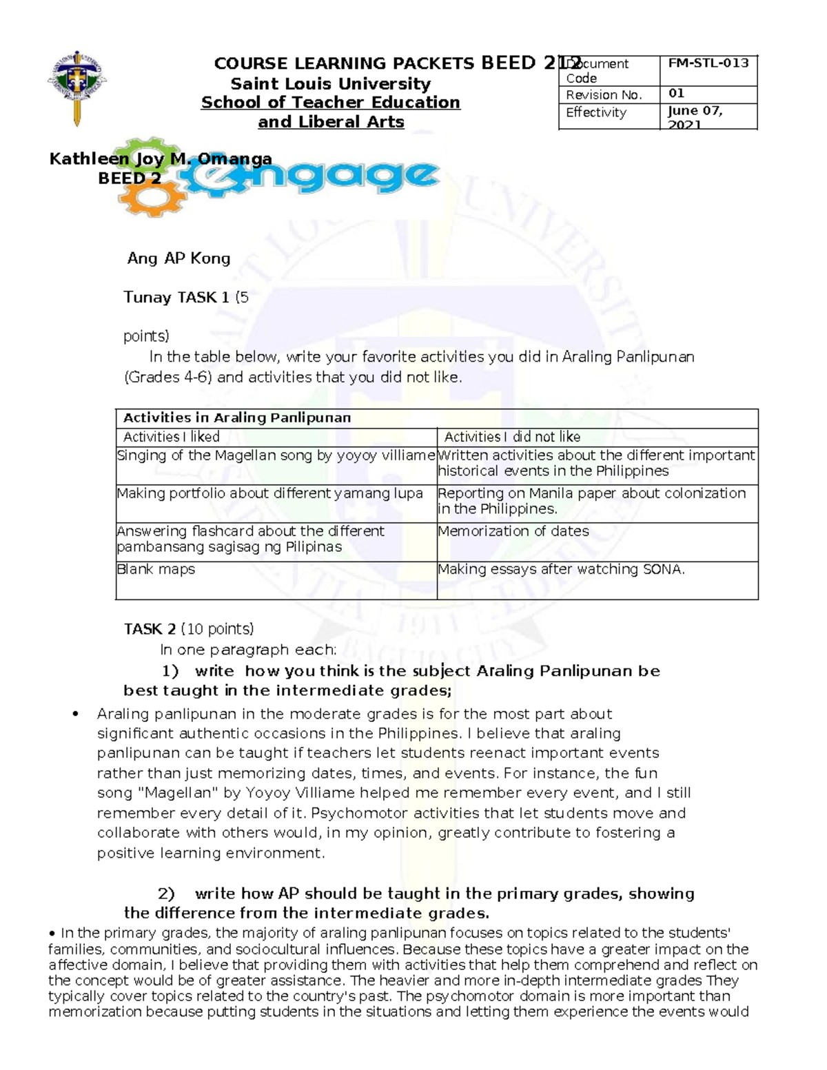 BEED 224 M1. Engage - notes - COURSE LEARNING PACKETS BEED 212 Saint ...
