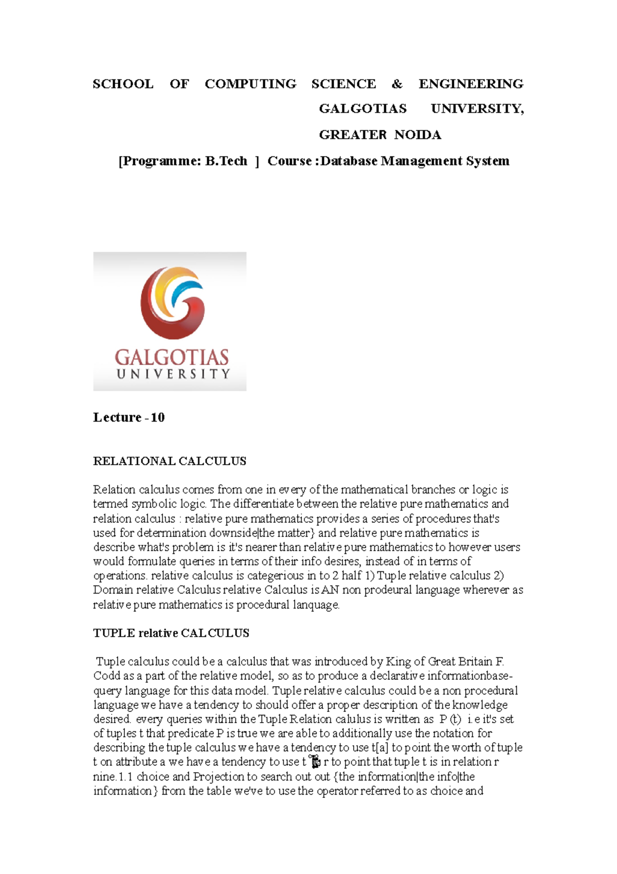 Data base management system lecture 10 @ Galgotias university - SCHOOL OF COMPUTING SCIENCE ...