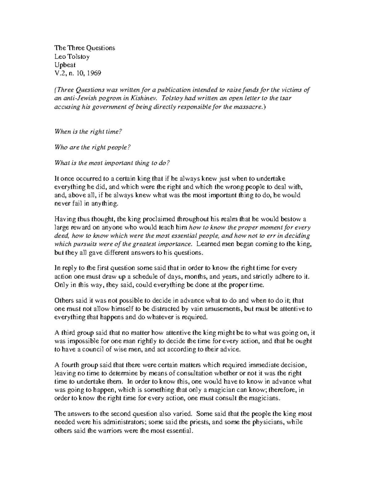 Short story 3 adad - The Three Questions Leo Tolstoy Upbeat V, n. 10 ...