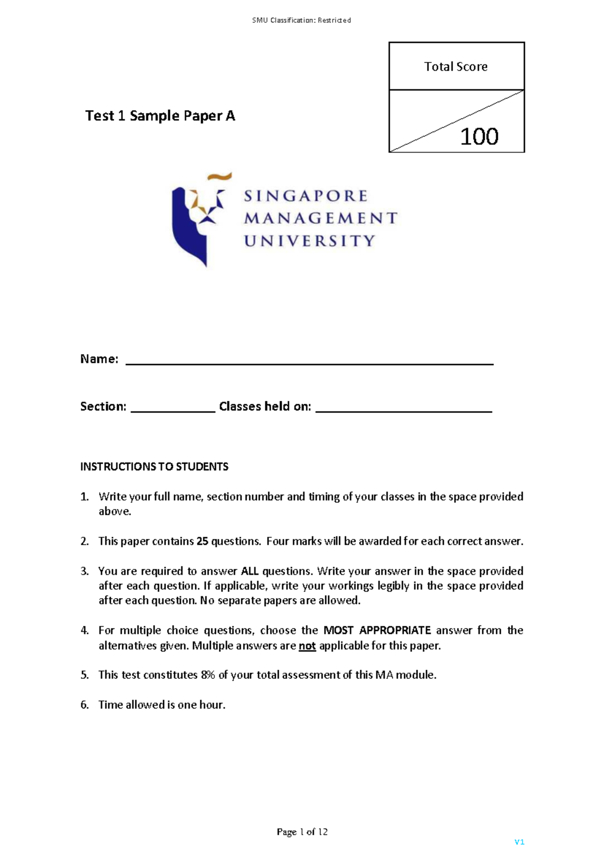 1A Test 1 Sample Paper A Jan 2022 - Page 1 of 12 Total Score Test 1 ...
