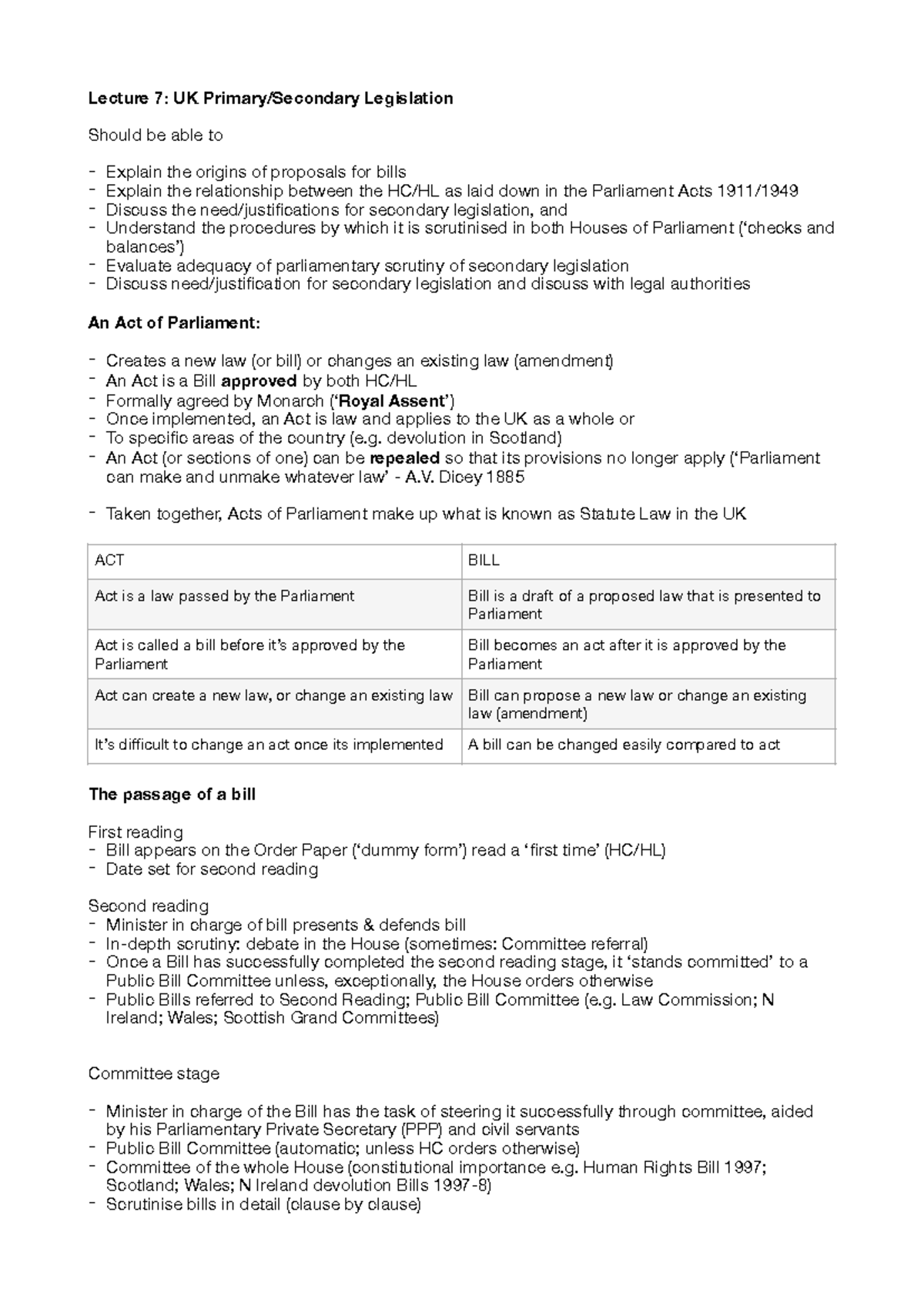 Constitutional PDF 1 - Public Law - Lecture 7: UK Primary/Secondary Legislation Should be able ...