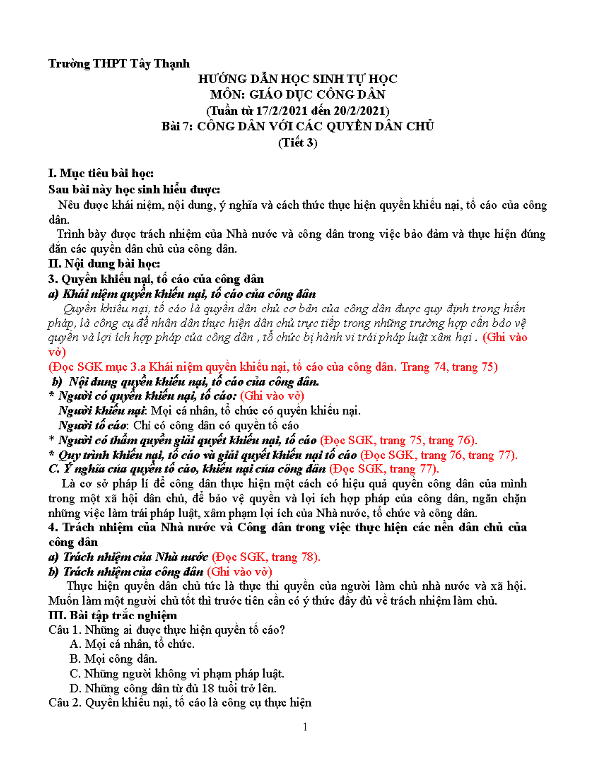 GDCD 12- ND TƯ HỌC 17.2- 20 - Trường THPT Tây Thạnh HƯỚNG DẪN HỌC SINH ...