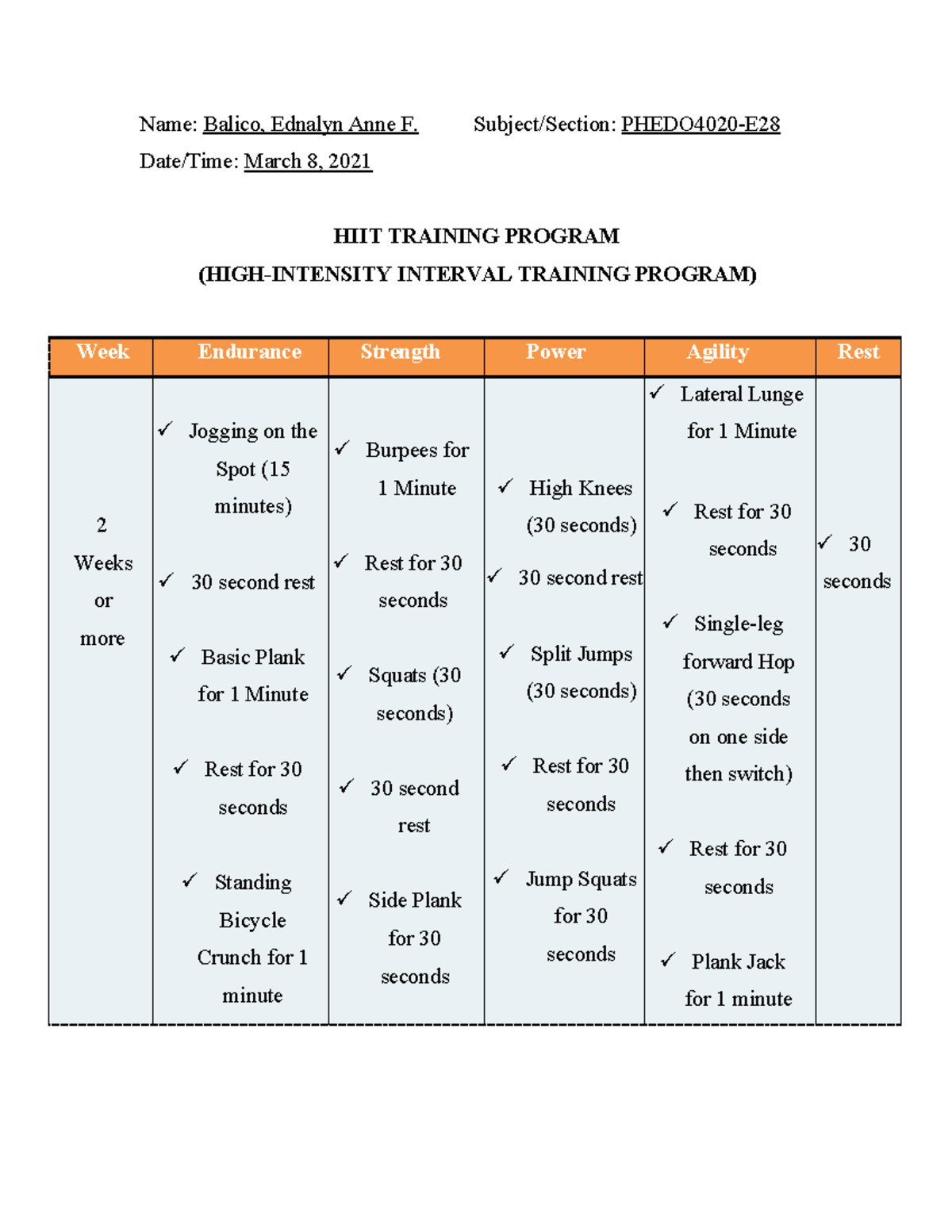 HIIT Training Program - Name: Balico, Ednalyn Anne F. Subject/Section ...