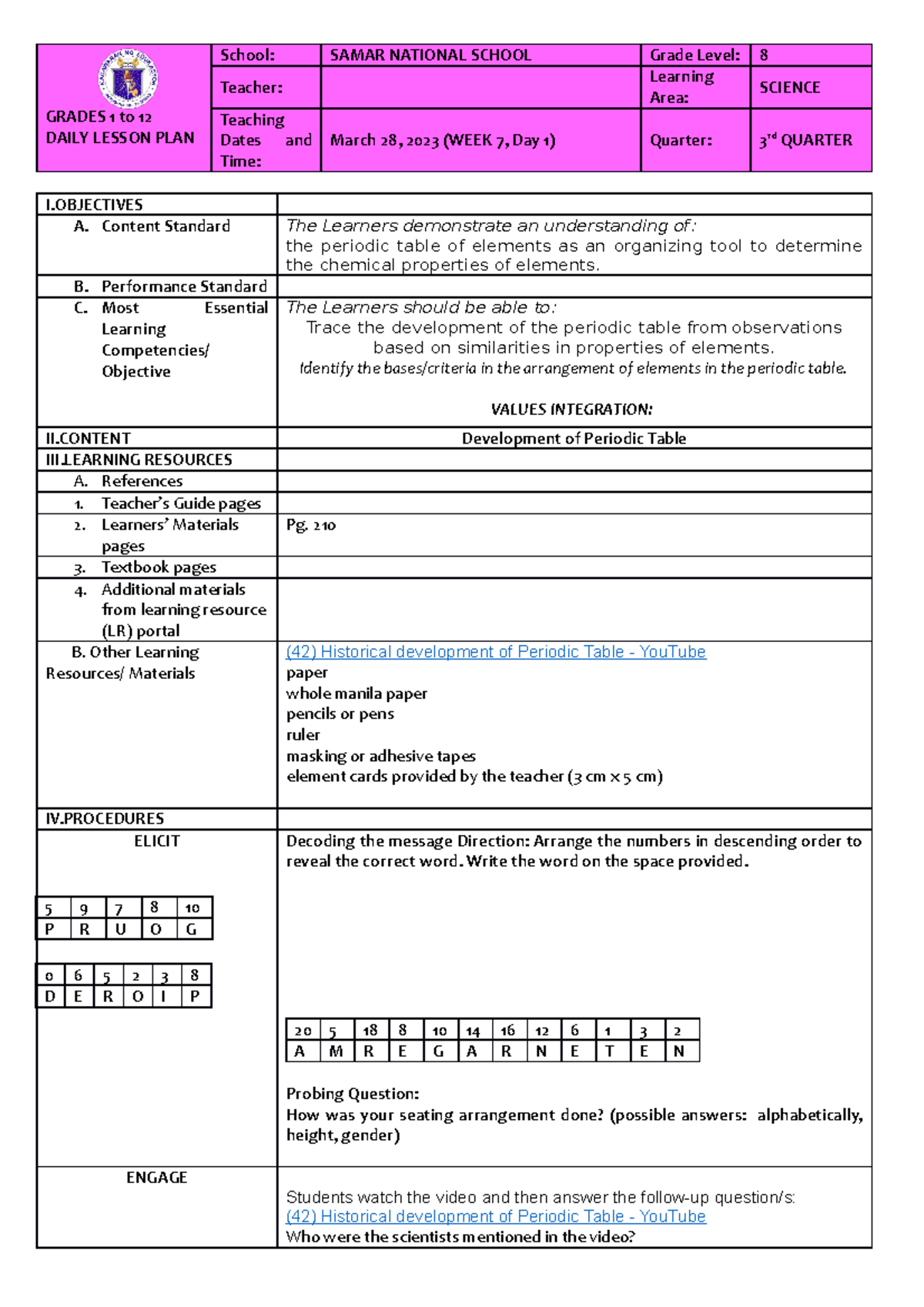 Development - Q3 LP Periodic Tabke - GRADES 1 to 12 DAILY LESSON PLAN ...