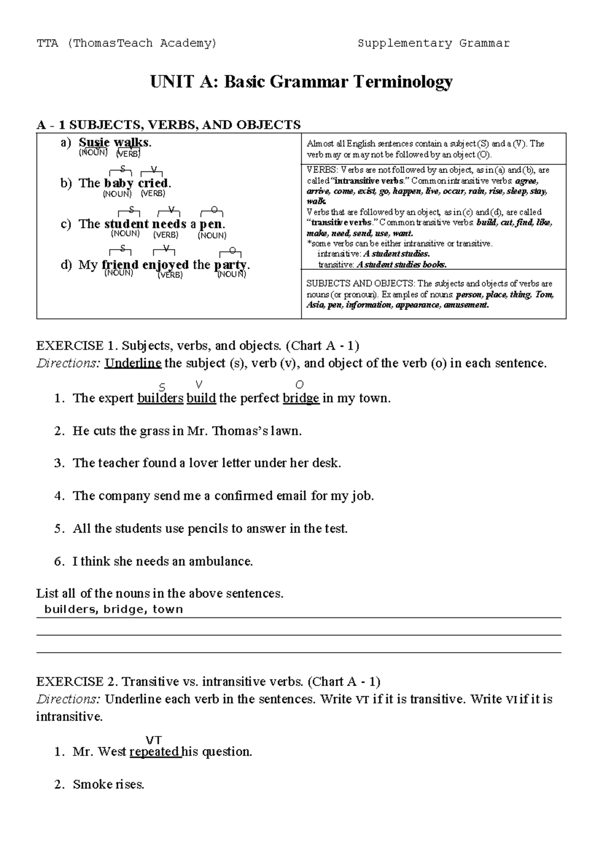 UNIT A3 - Test - UNIT A: Basic Grammar Terminology A - 1 SUBJECTS ...