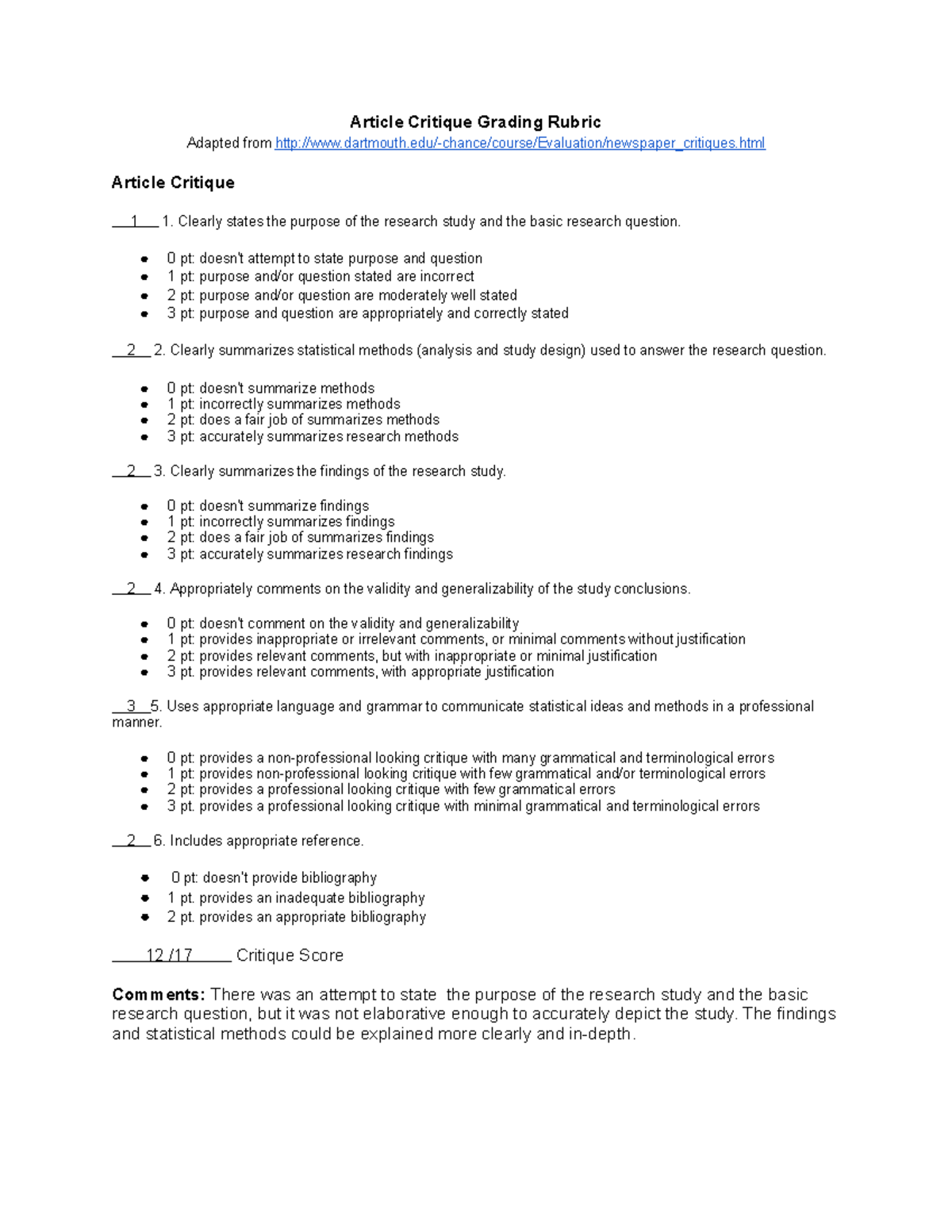 Article Critique Rubric - Article Critique Grading Rubric Adapted from ...