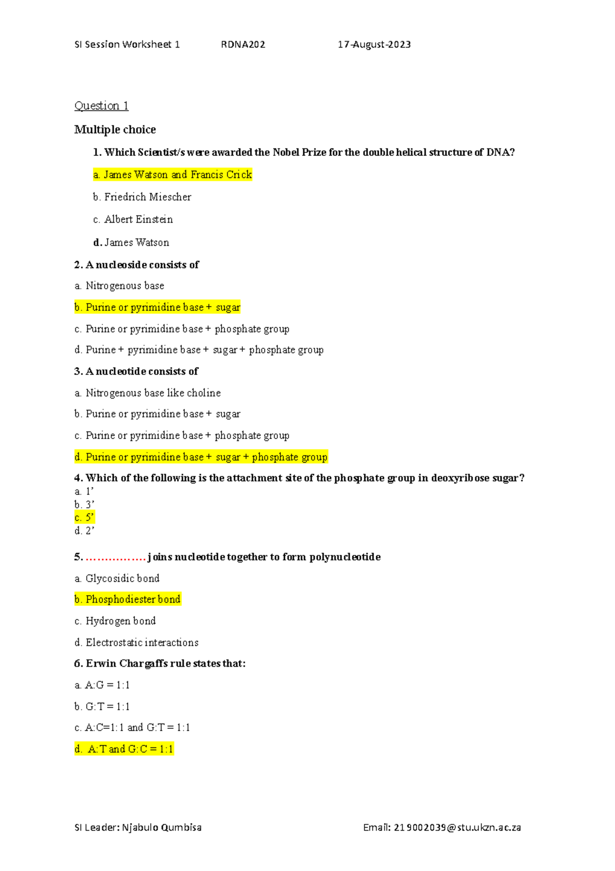 RDNA SI session 1 worksheet memo-1 - Question 1 Multiple choice Which ...