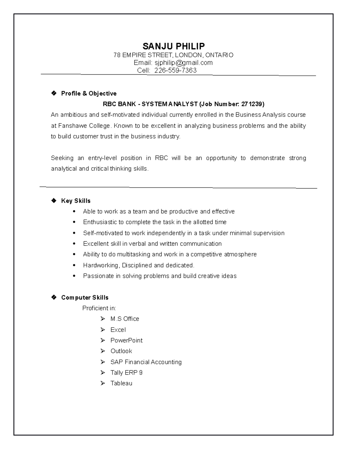 Professional Resume Assignment Part1 - SANJU PHILIP 78 EMPIRE STREET ...