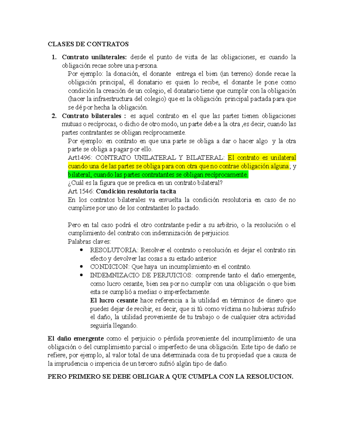 Resumen de Contratos - CLASES DE CONTRATOS Contrato unilaterales: desde ...