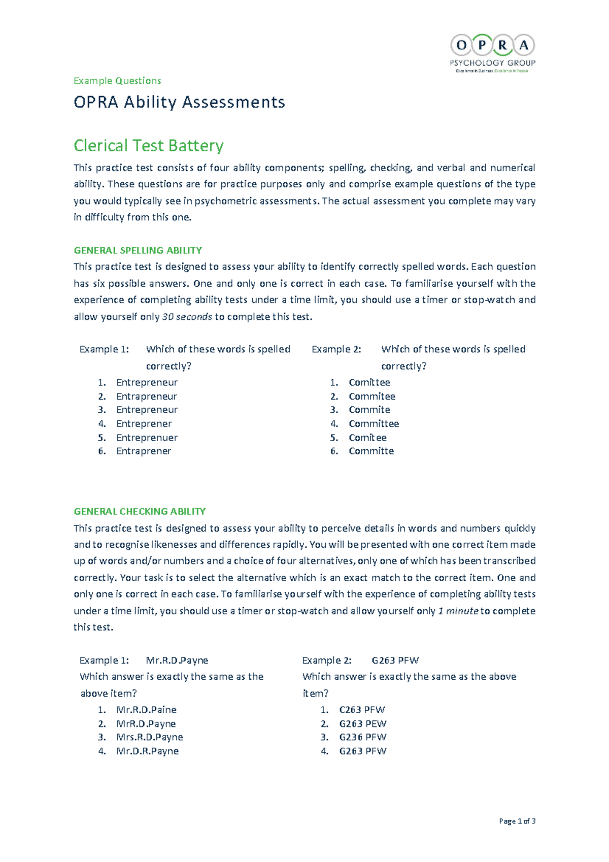 CTB2 Clerical Test Battery Sample questions - Page 1 of 3 Example ...