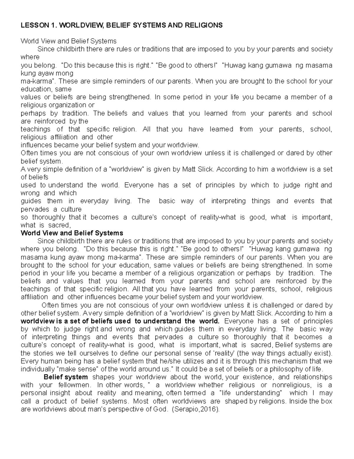 Worksheet 1. Worldview, Belief Systems AND Religions - LESSON 1 ...