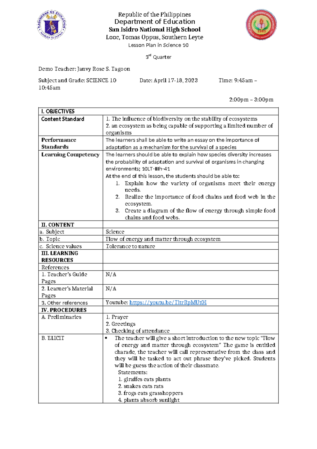 DLP Science 10 FLOW OF Energy - Department of Education San Isidro ...