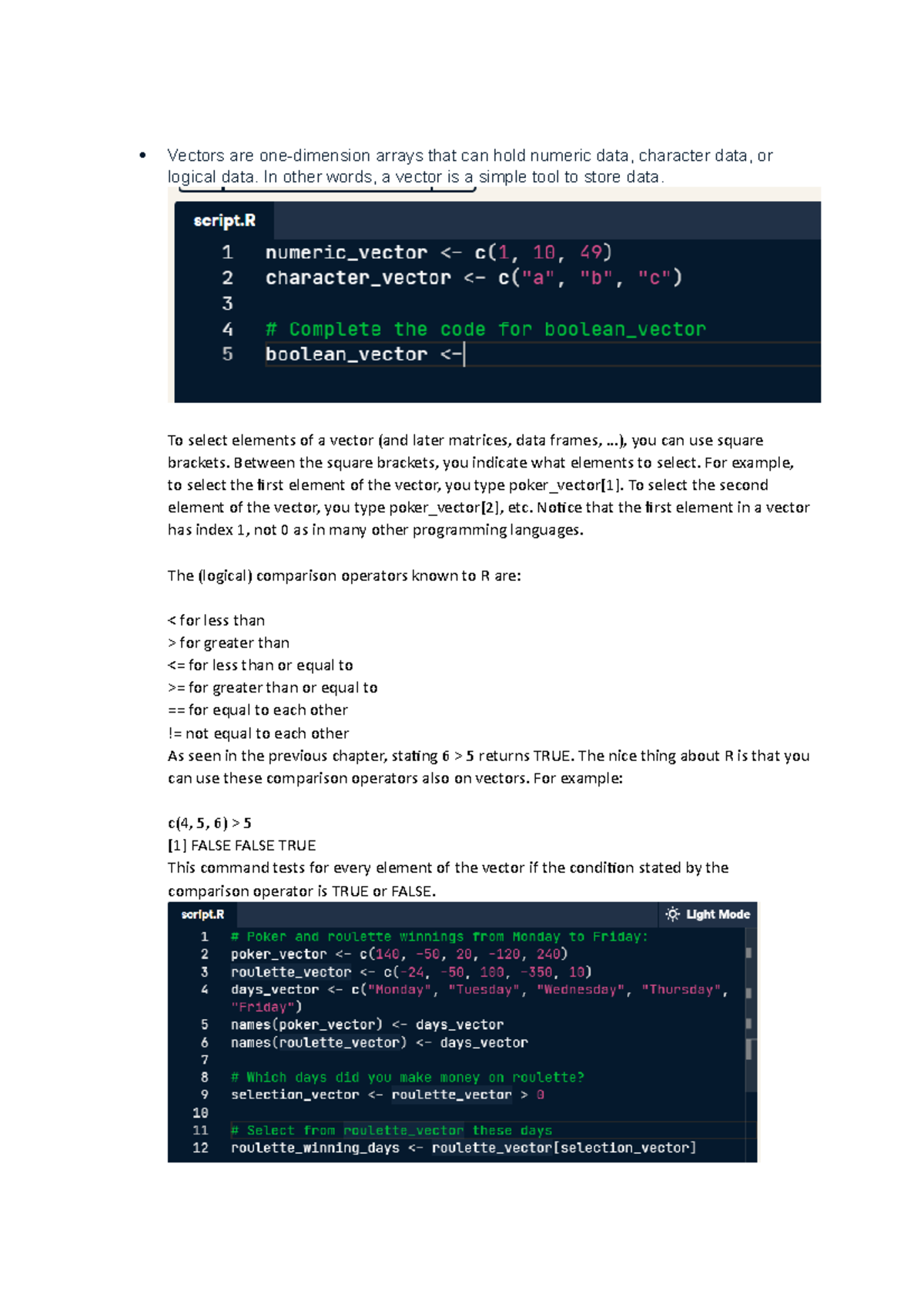 Datacamp R Track Notes Vectors Are One Dimension Arrays That Can Hold Numeric Data