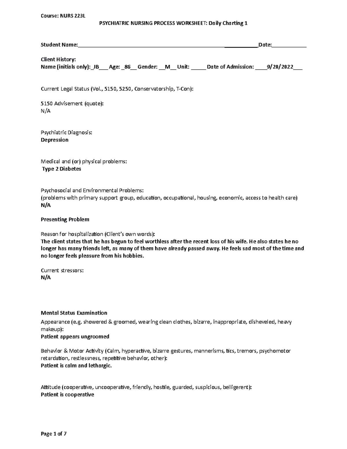 NURS 223L - Psychiatric Nursing Process Worksheet 3 - PSYCHIATRIC ...