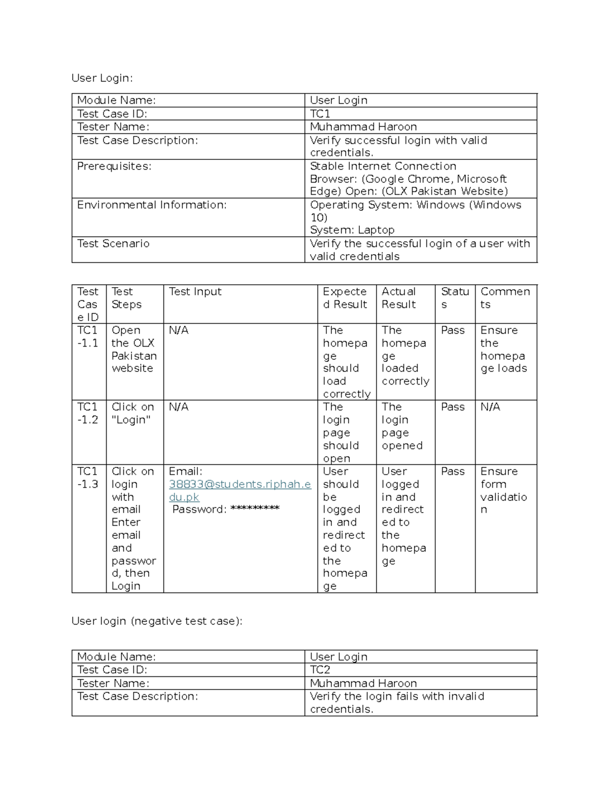 Manual Test Case - User Login: Module Name: User Login Test Case ID: TC ...