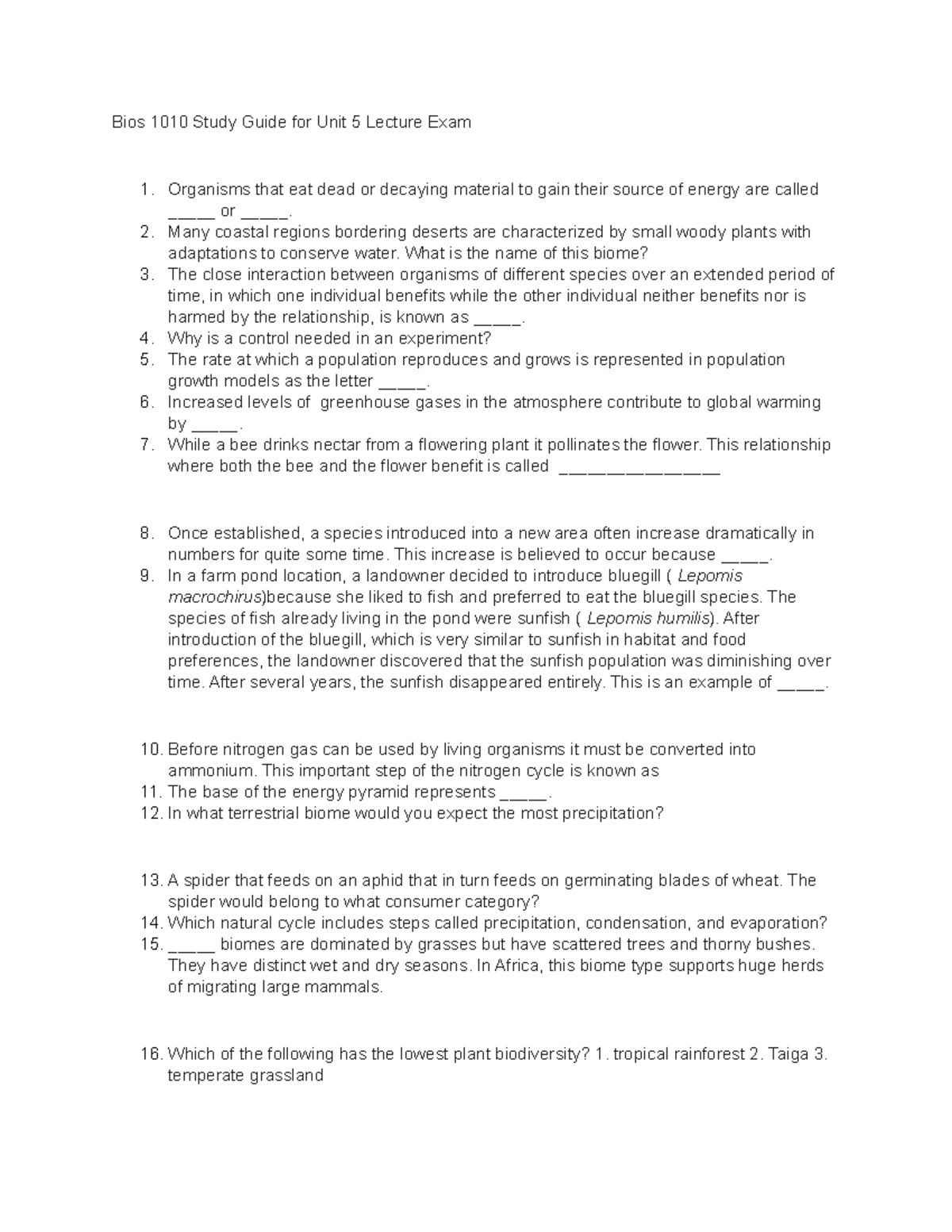 Study Guide for Unit 5 Lecture Exam Bios 1010 - Bios 1010 Study Guide ...