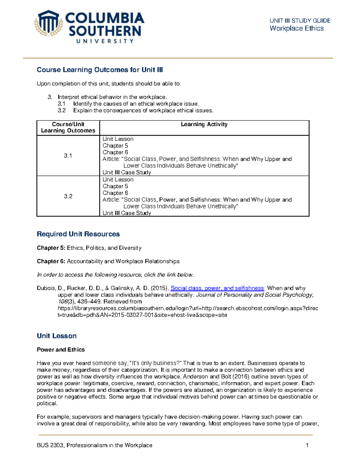 BUS 2303 UNIT 3 Study Guide - Course Learning Outcomes for Unit III ...