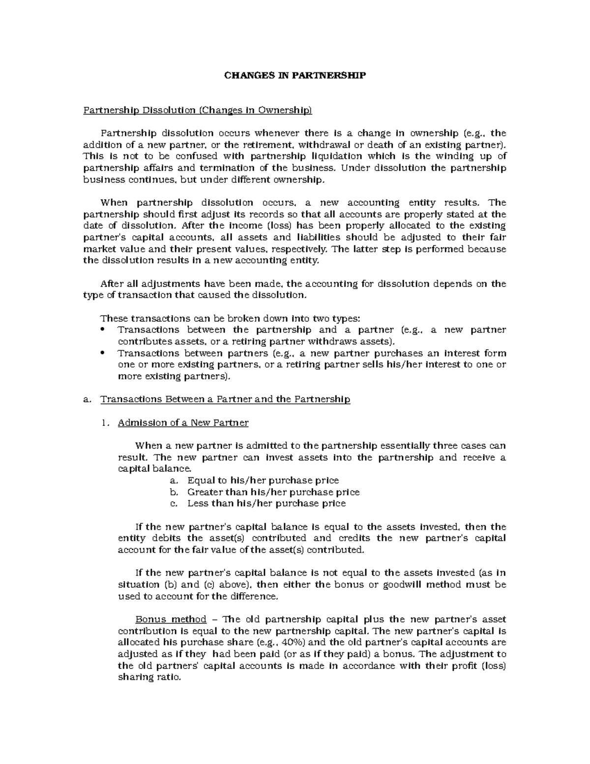 Partnership Dissolution - CHANGES IN PARTNERSHIP Partnership ...