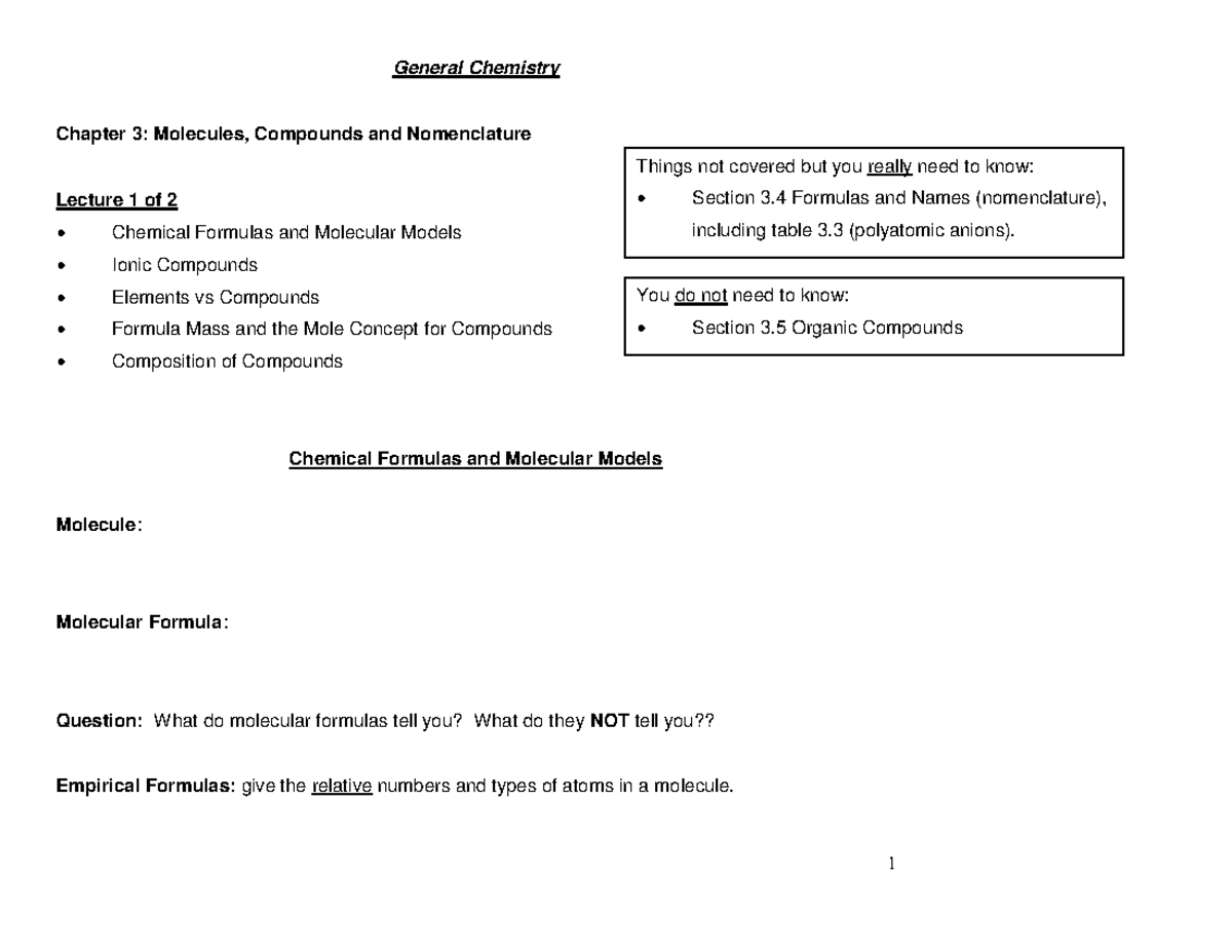Chapter 3 Lecture Notes Part 1 - General Chemistry Chapter 3: Molecules ...