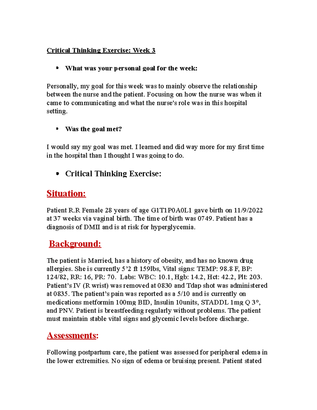 Critical Thinking week 3 - Critical Thinking Exercise: Week 3 What was ...